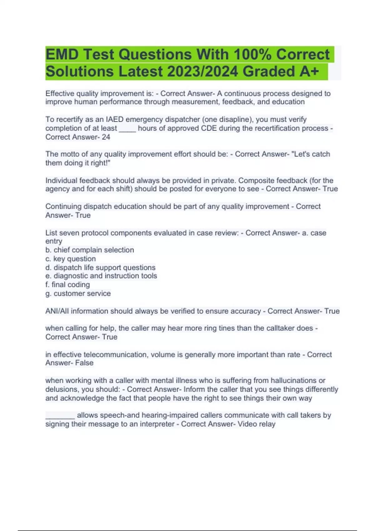 EMD Test Questions With Correct Answers Latest 2023/2024 (Graded A+ ...