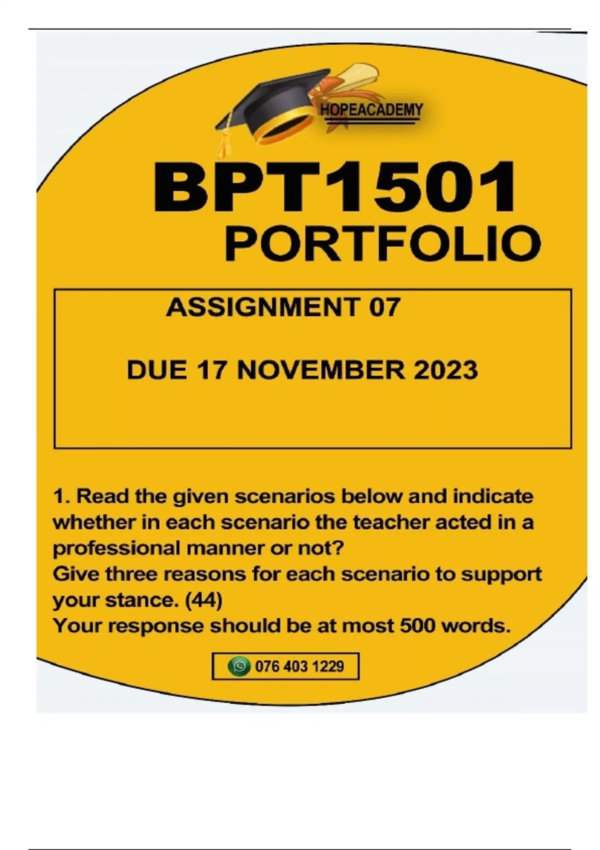 BPT1501 FINAL PORTFOLIO 2023 DUE 17 NOVEMBER 2023 - BPT1501 - Being a ...