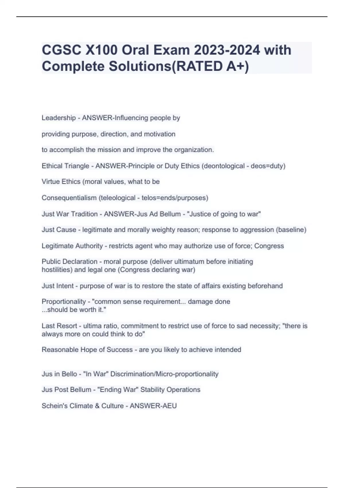 CGSC X100 Oral Exam with Complete Solutions(RATED A+) - CGSC X100 ...
