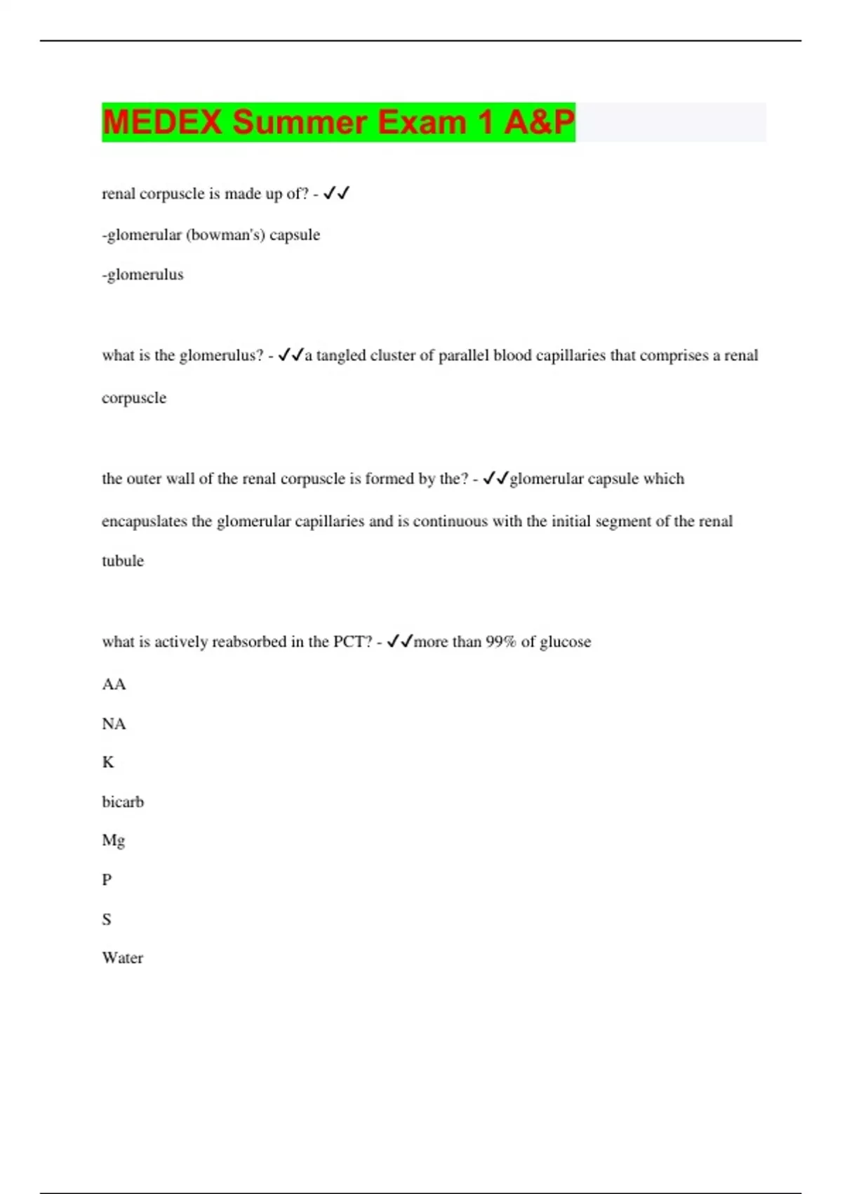 MEDEX Summer Exam 1 A&P | Questions with 100% Correct Answers | Latest ...