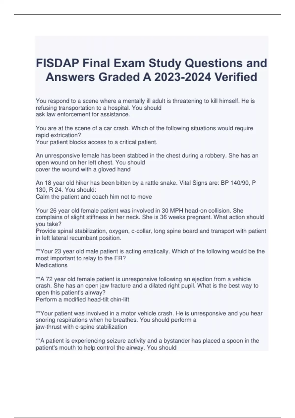 FISDAP Final Exam Study Questions and Answers Graded A Verified ...