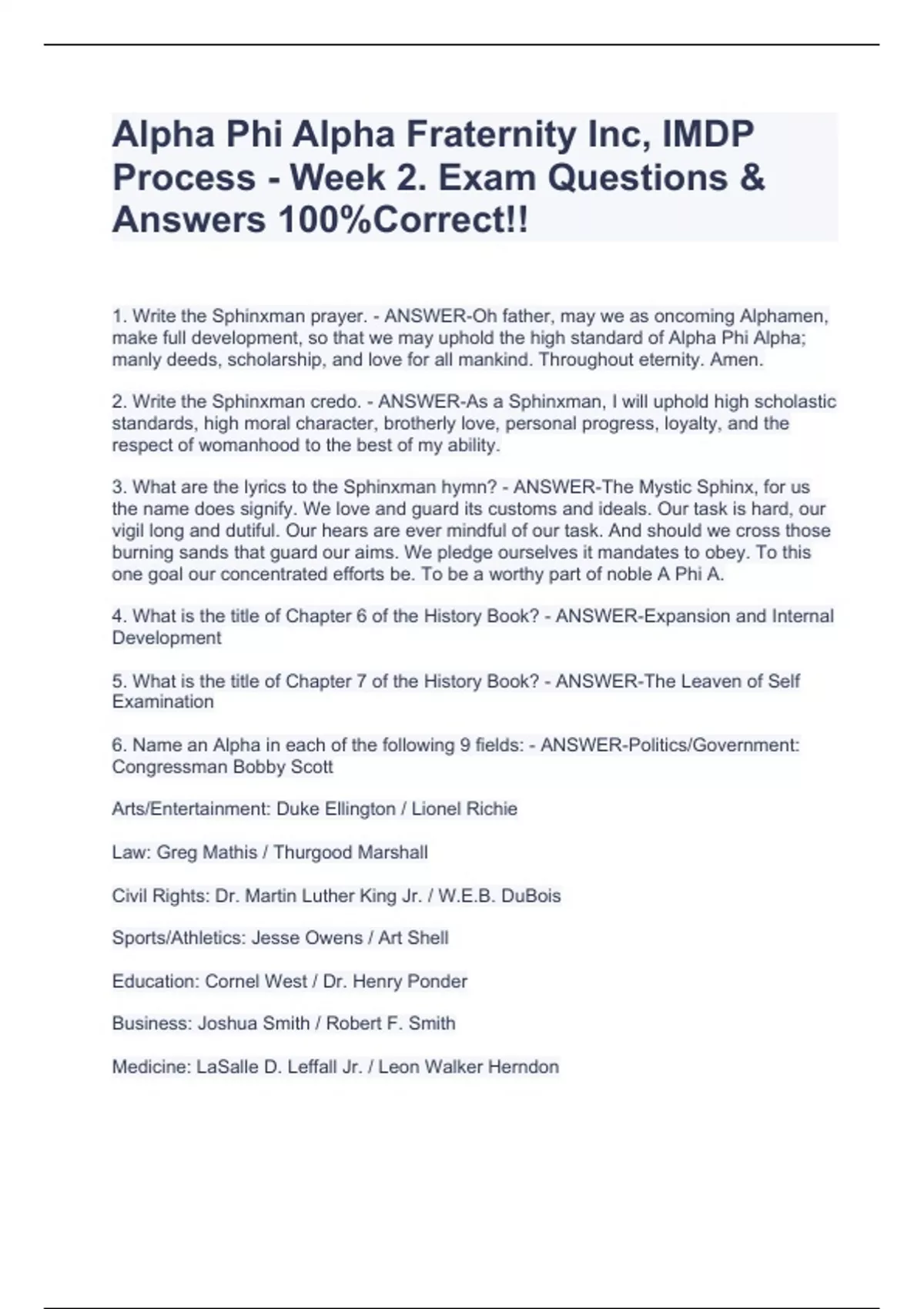 Alpha Phi Alpha Fraternity Inc, IMDP Process - Week 2. Exam Questions & Answers 100%Correct ...