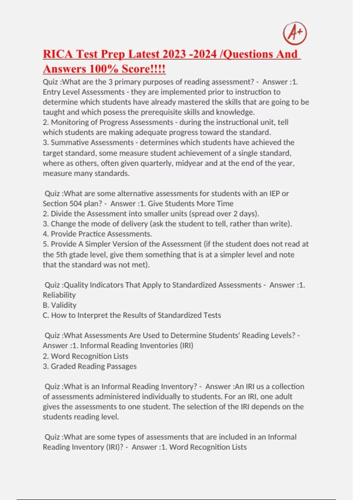 RICA Test Prep Latest /Questions And Answers 100% Score!!!! - RICA Test ...