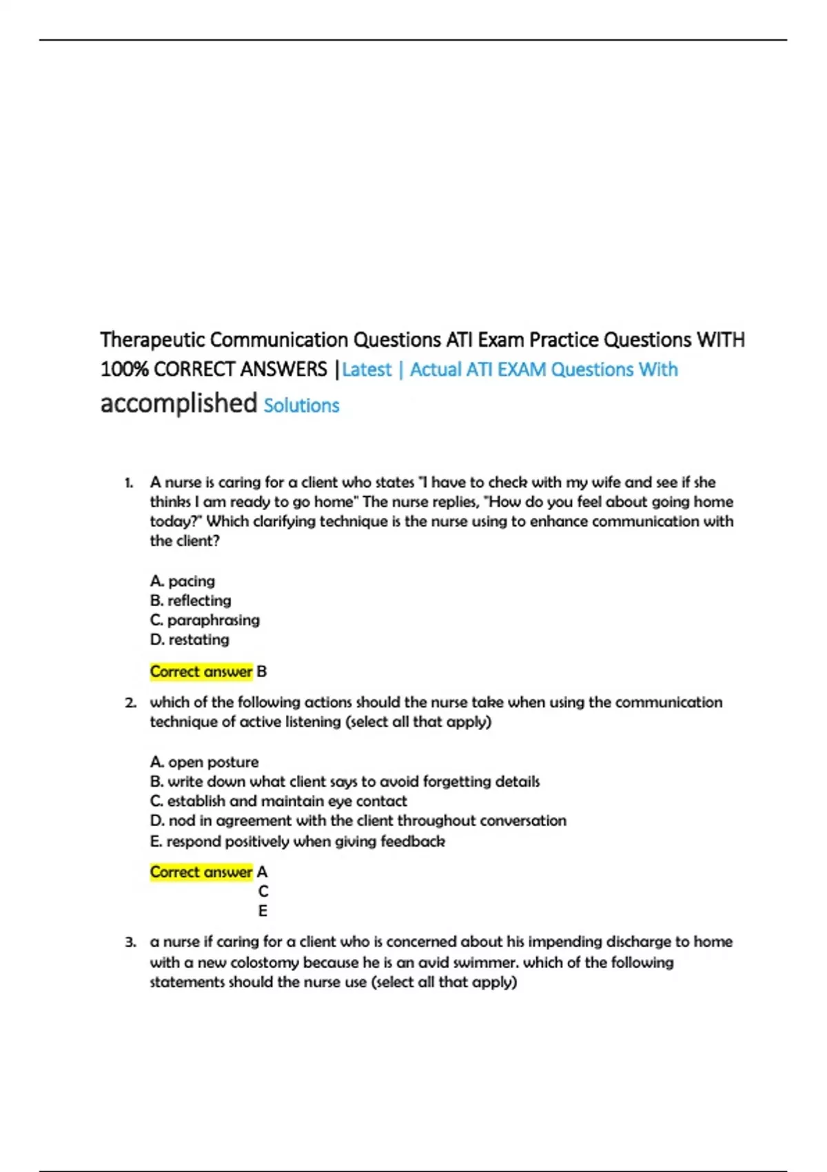 Therapeutic Communication Questions ATI Exam Practice Questions WITH ...