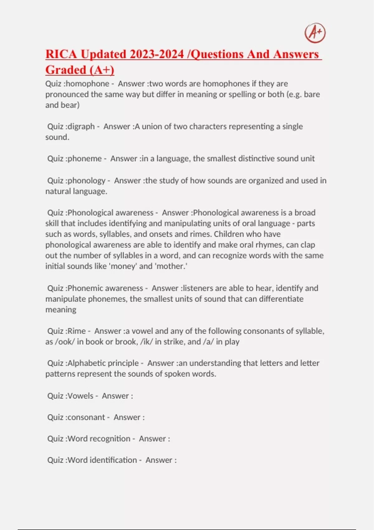 RICA Updated /Questions And Answers Graded (A+) - RICA Updated 2023 ...
