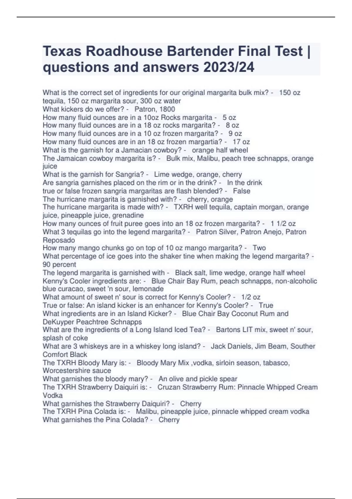 Texas Roadhouse Bartender Final Test | questions and answers 2023/24 ...