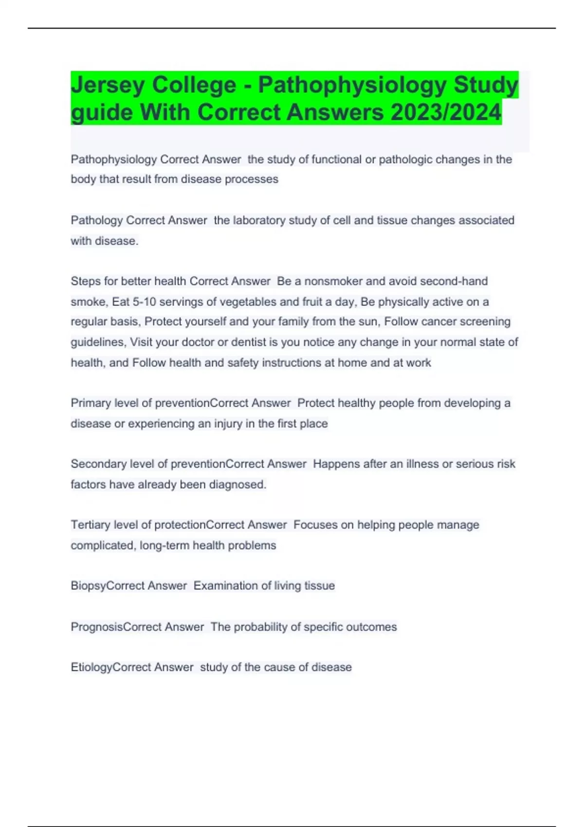 Jersey College - Pathophysiology Study guide With Correct Answers 2025/ ...