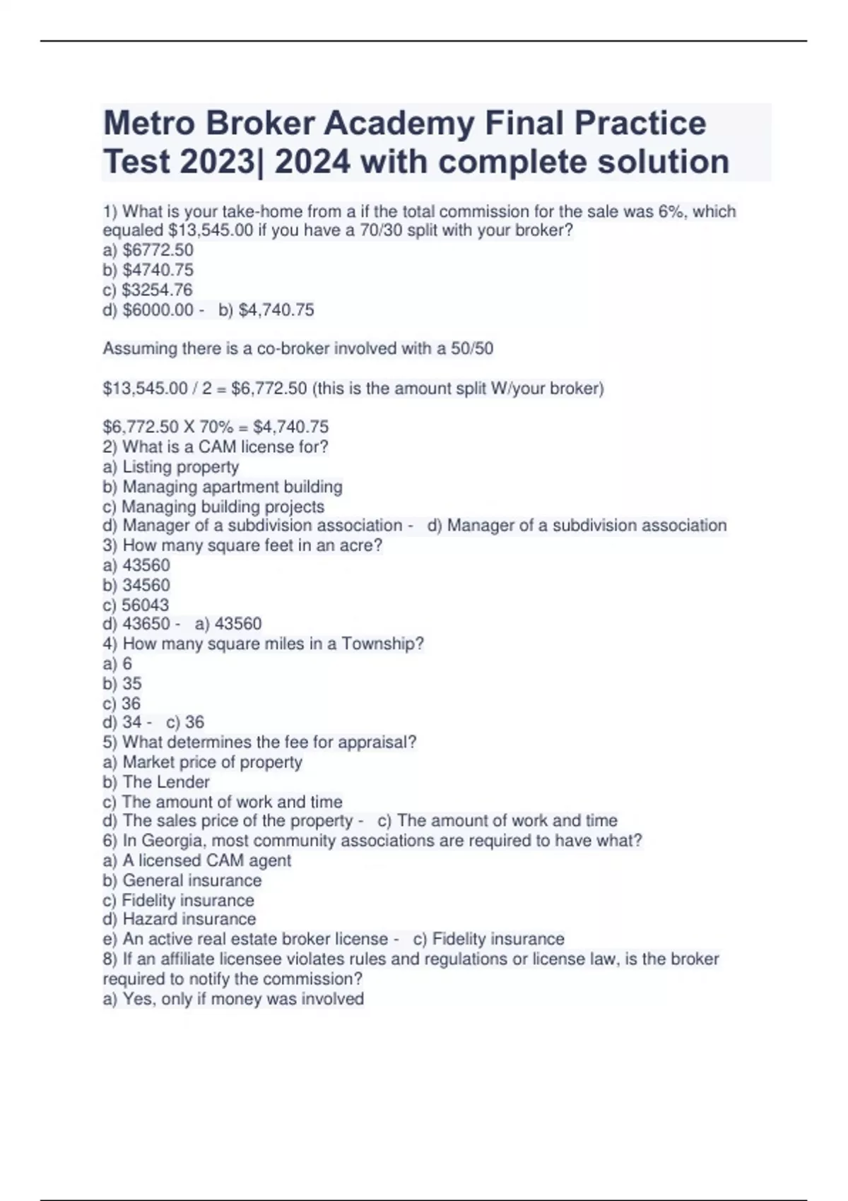 Metro Broker Academy Final Practice Test 2023| 2024 with complete ...
