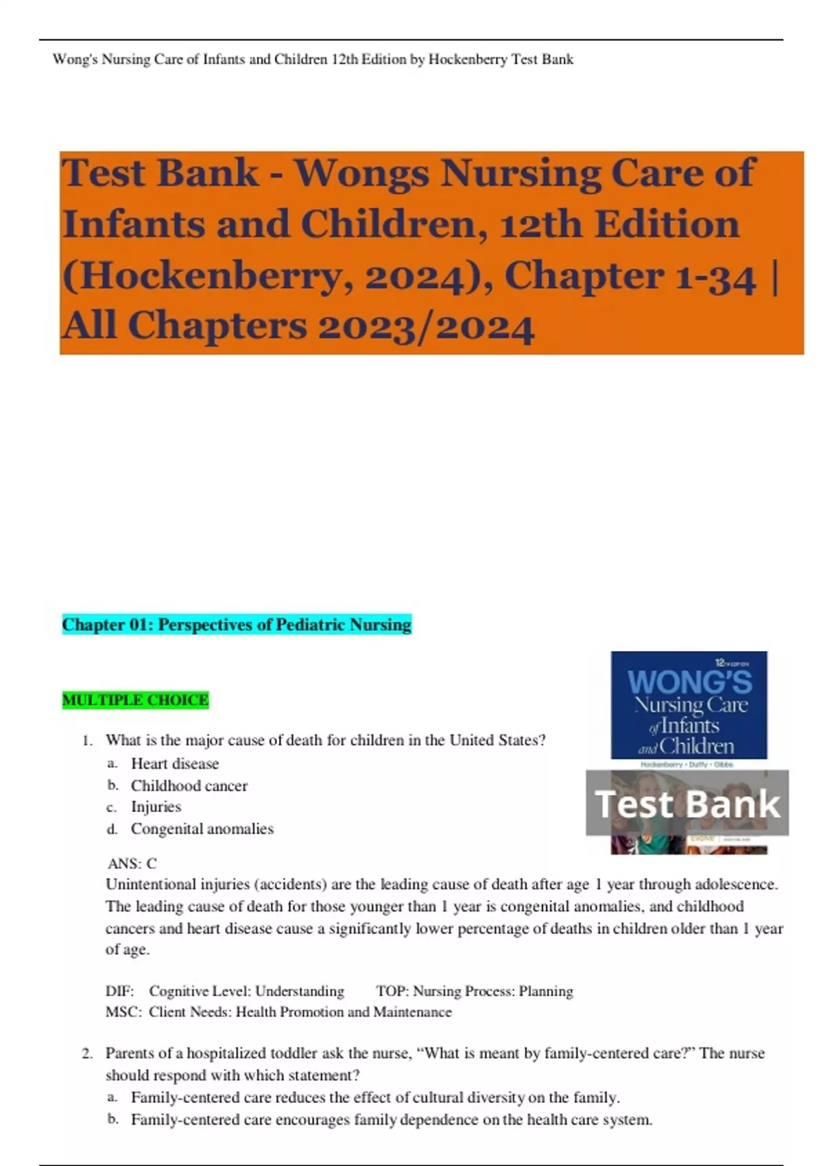 Test Bank - Wongs Nursing Care of Infants and Children, 12th Edition ...