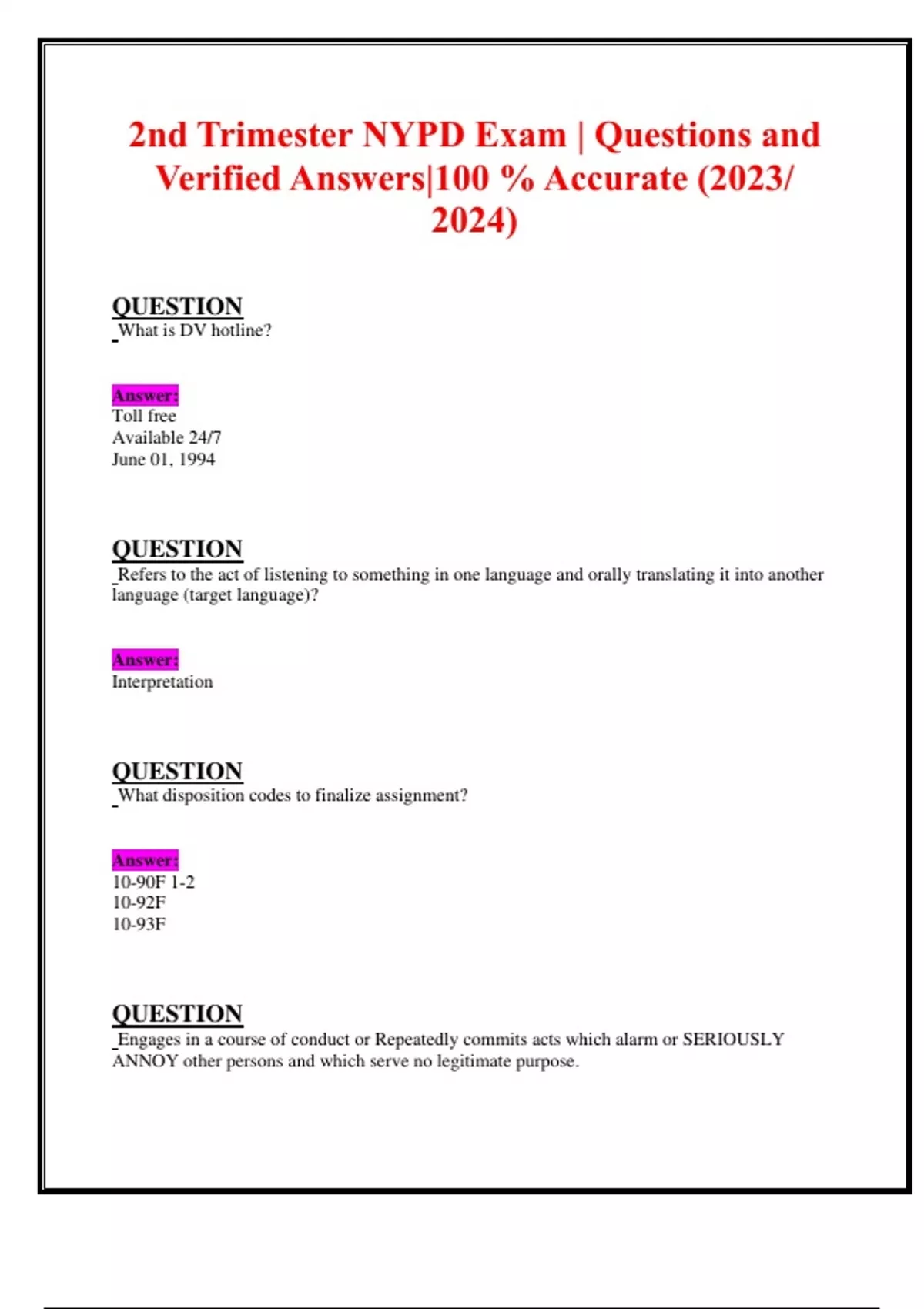 2nd Trimester NYPD Exam | Questions and Verified Answers|100 % Accurate (2023/ 2024) - 2nd ...