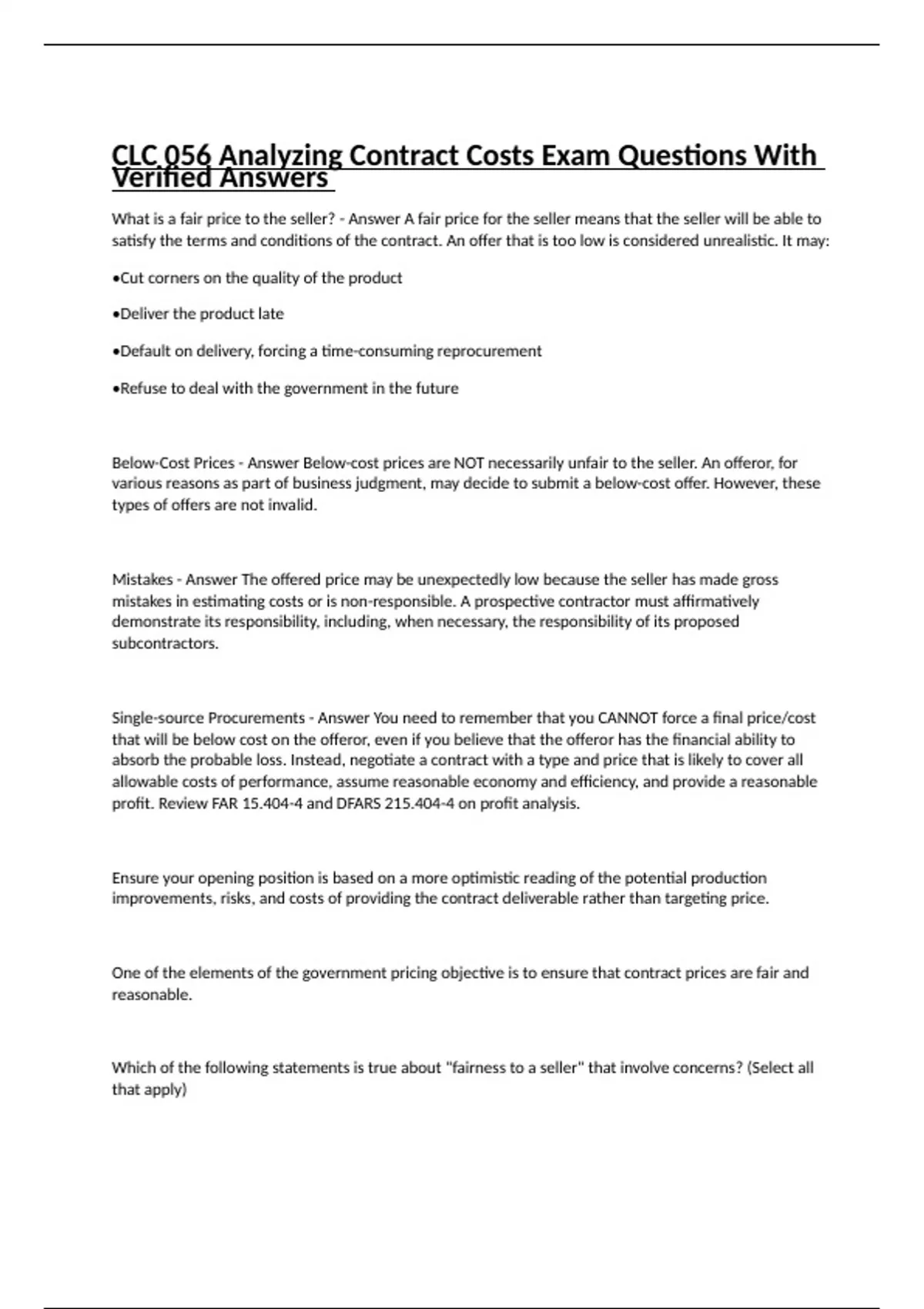 CLC 056 Analyzing Contract Costs Exam Questions With Verified Answers ...
