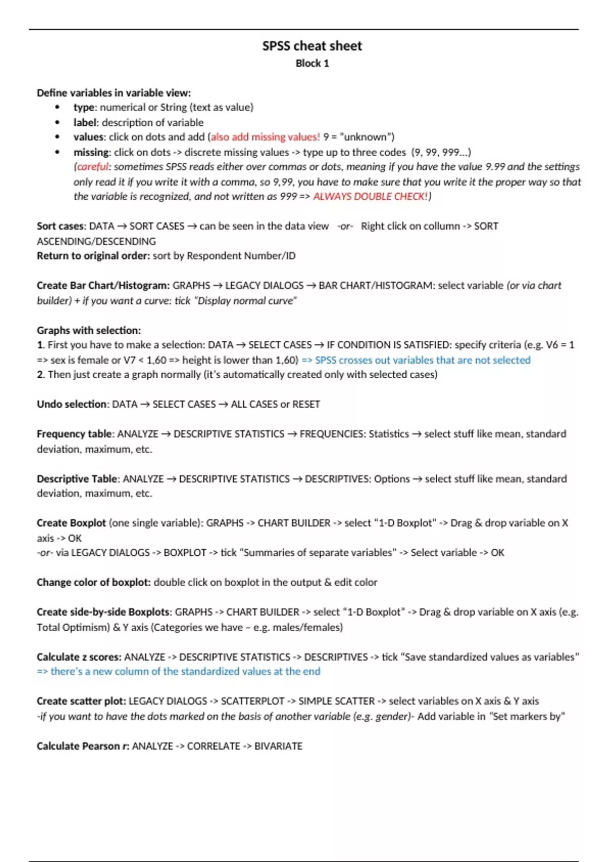 SPSS Block 1 Cheat Sheet - A summary of all necessary procedures step ...