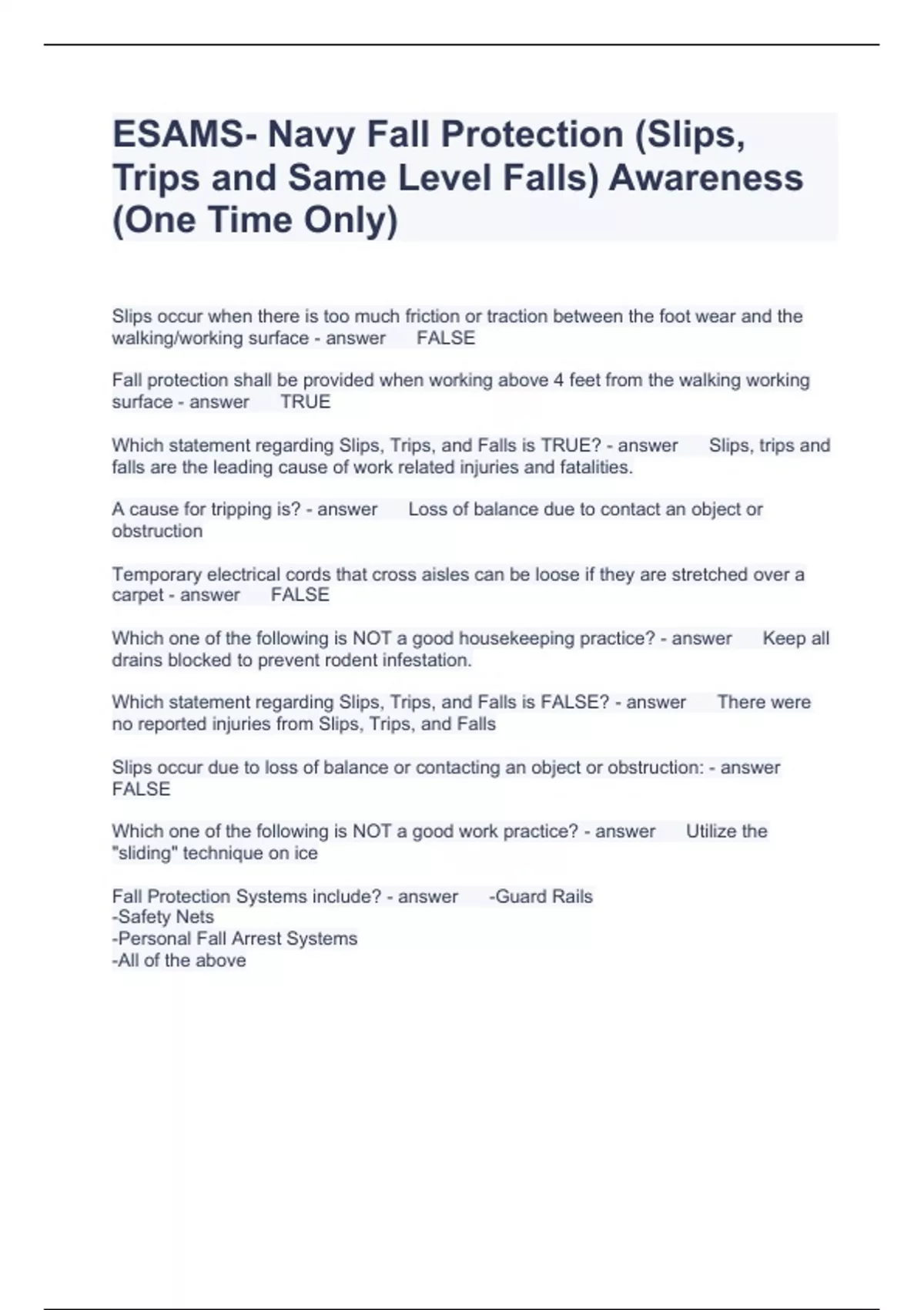 ESAMS- Navy Fall Protection (Slips, Trips and Same Level Falls) Awareness (One Time Only ...