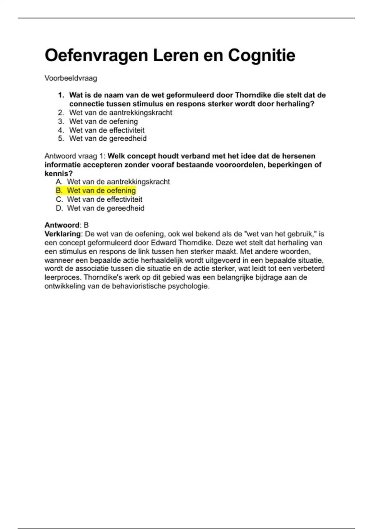 Oefentoets leren en cognitie - Leren en cognitie (6472LCY) - Stuvia NL