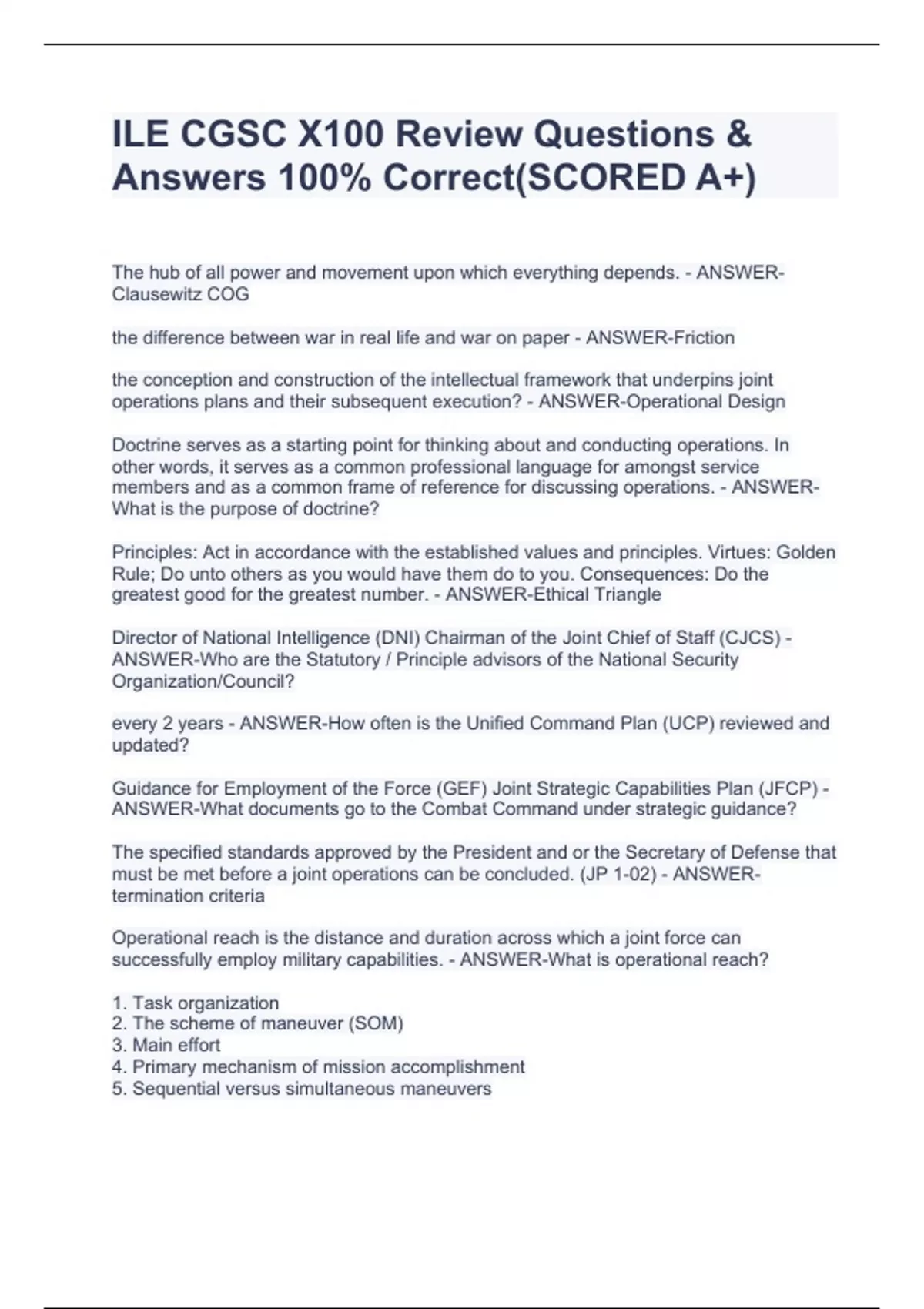 ILE CGSC X100 Review Questions & Answers 100% Correct(SCORED A+) - ILE ...