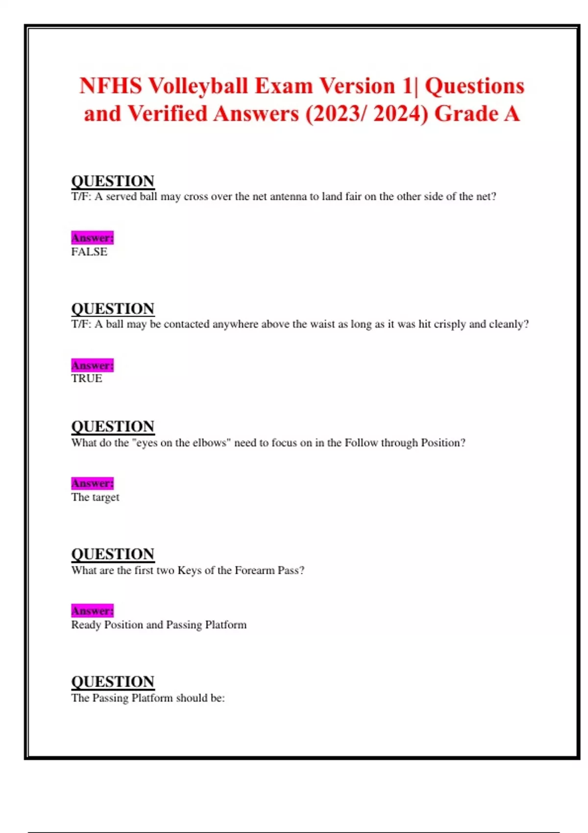 NFHS Volleyball Exam Version 1| Questions and Verified Answers (2023/ ...