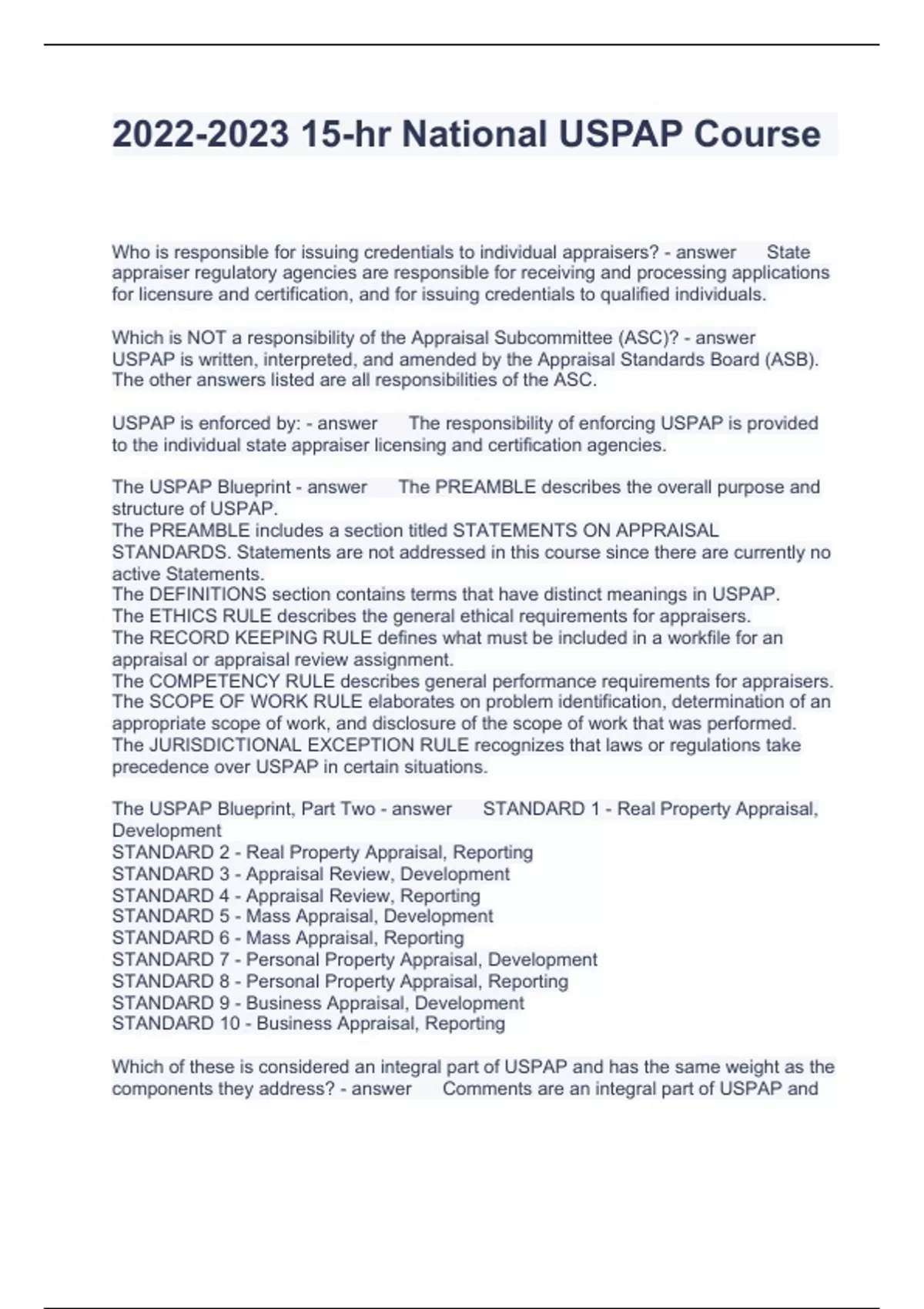 2022 QUESTIONS WITH SOLUTIONS - Uspap - Stuvia US