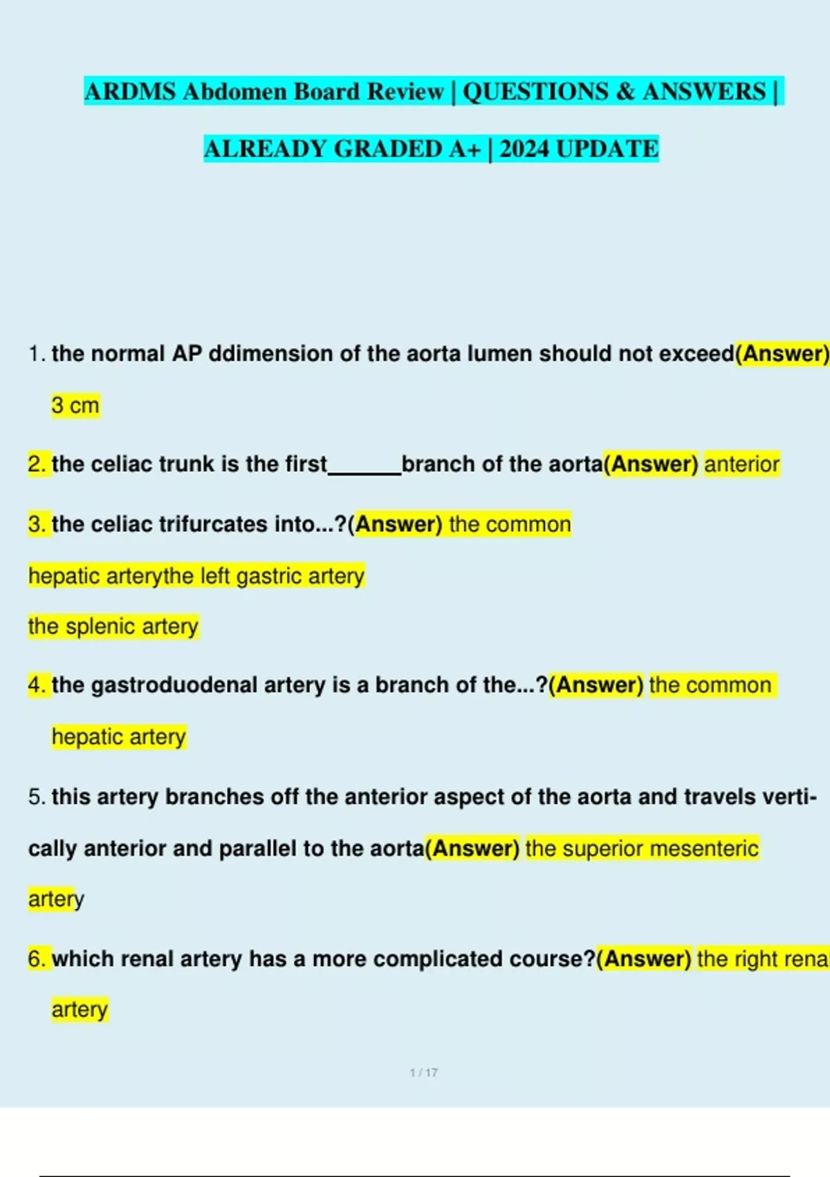 ARDMS Abdomen Board Review | QUESTIONS & ANSWERS | ALREADY GRADED A+ ...