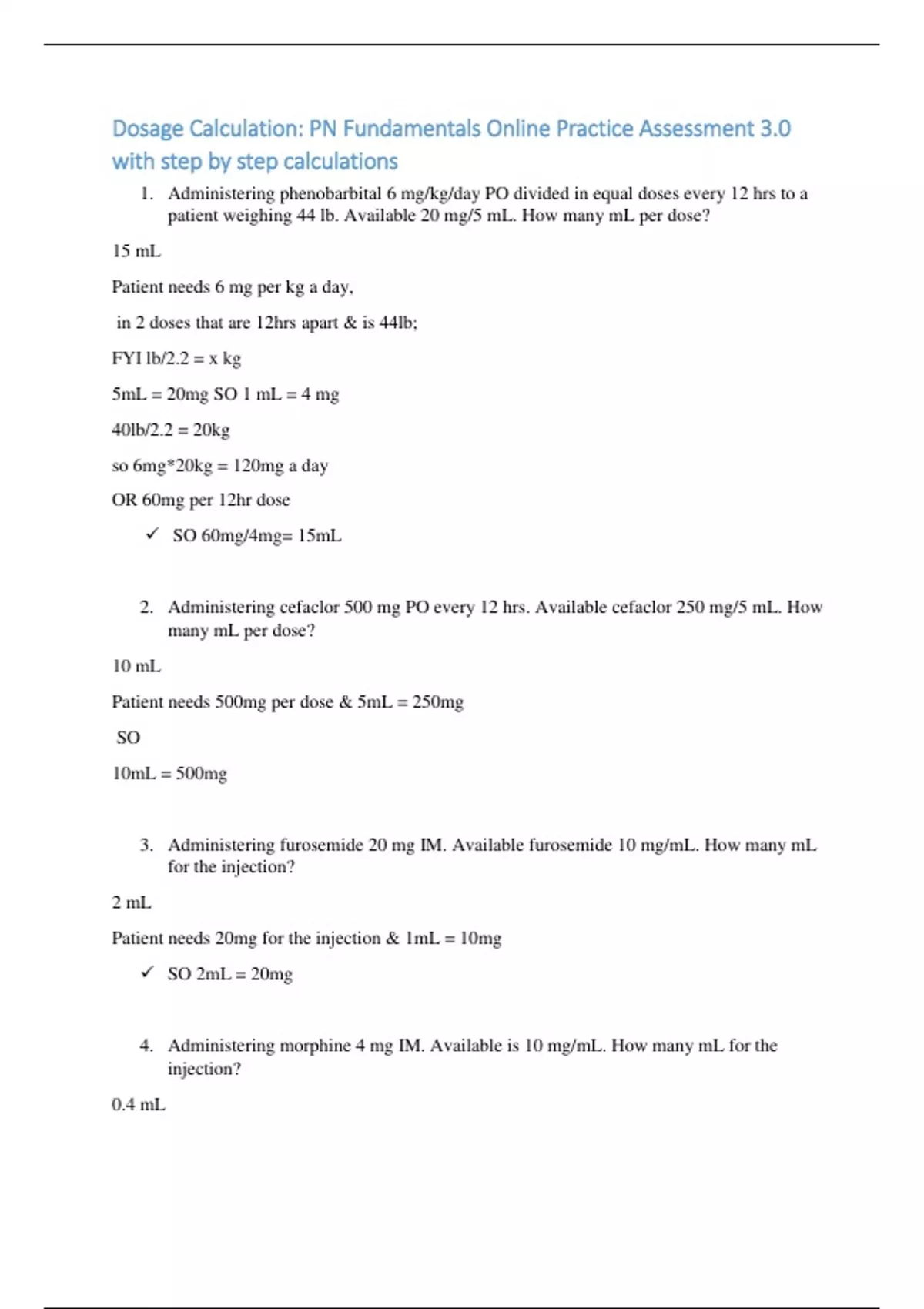 Dosage Calculation: PN Fundamentals Online Practice Assessment 3.0 with ...