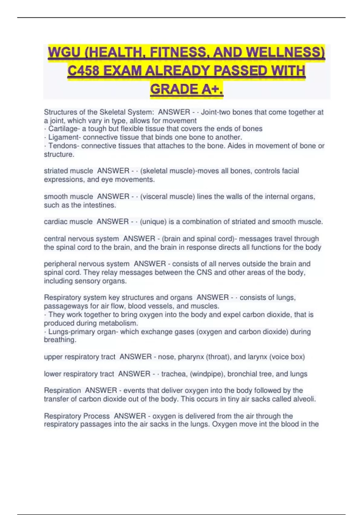 WGU (HEALTH, FITNESS, AND WELLNESS) C458 EXAM ALREADY PASSED WITH GRADE ...