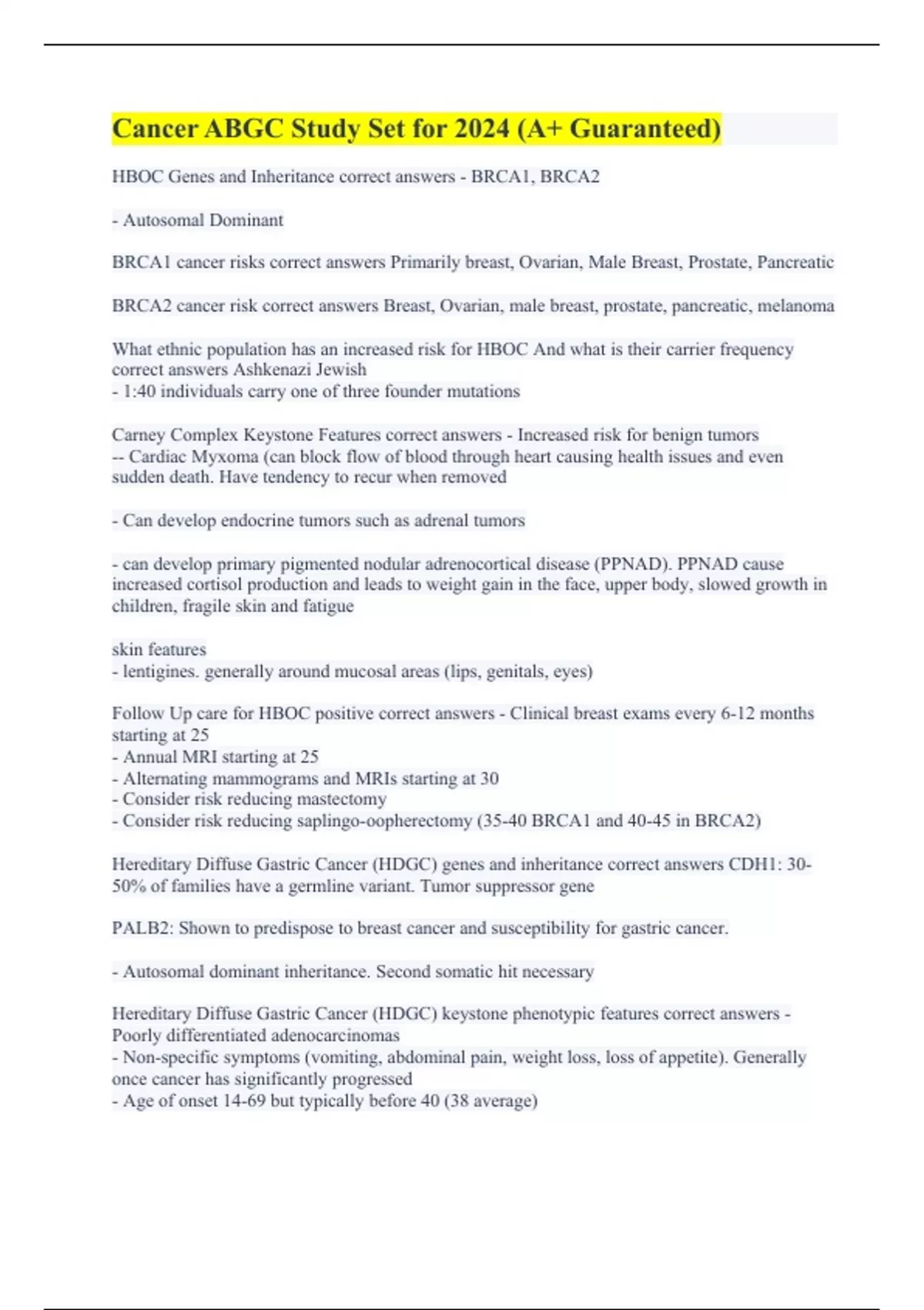 Cancer ABGC Study Set for 2024 (A+ Guaranteed) - Cancer ABGC - Stuvia US