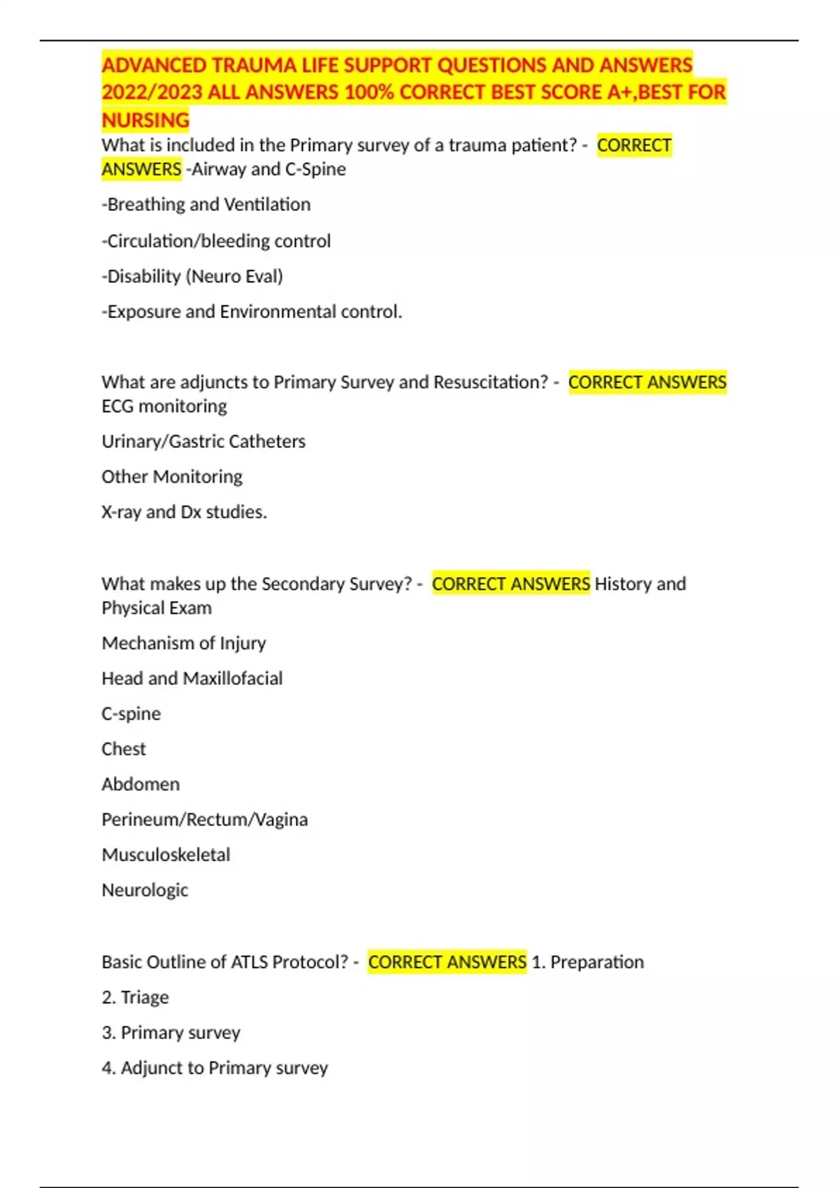 ADVANCED TRAUMA LIFE SUPPORT QUESTIONS AND ANSWERS 2022/2023 ALL ...