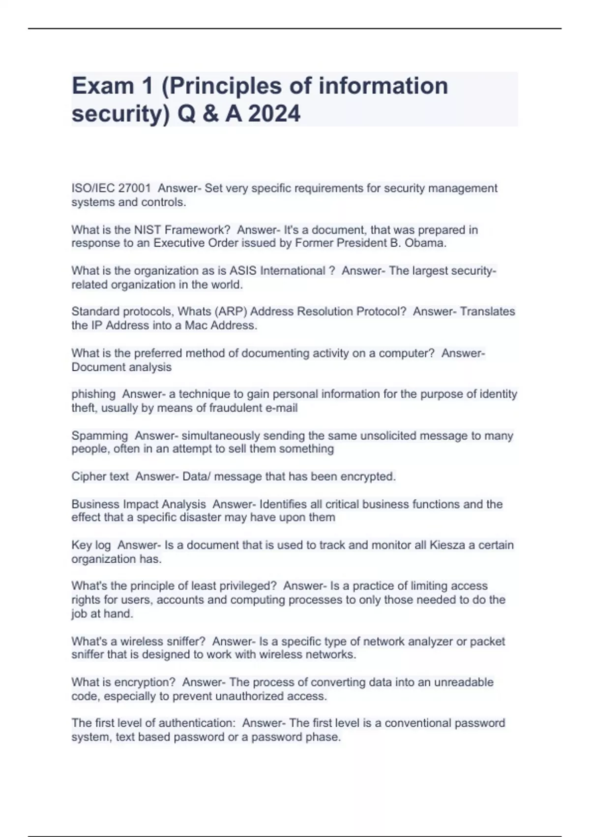 Exam 1 (Principles of information security) Q & A 2024 - Principles of information security ...