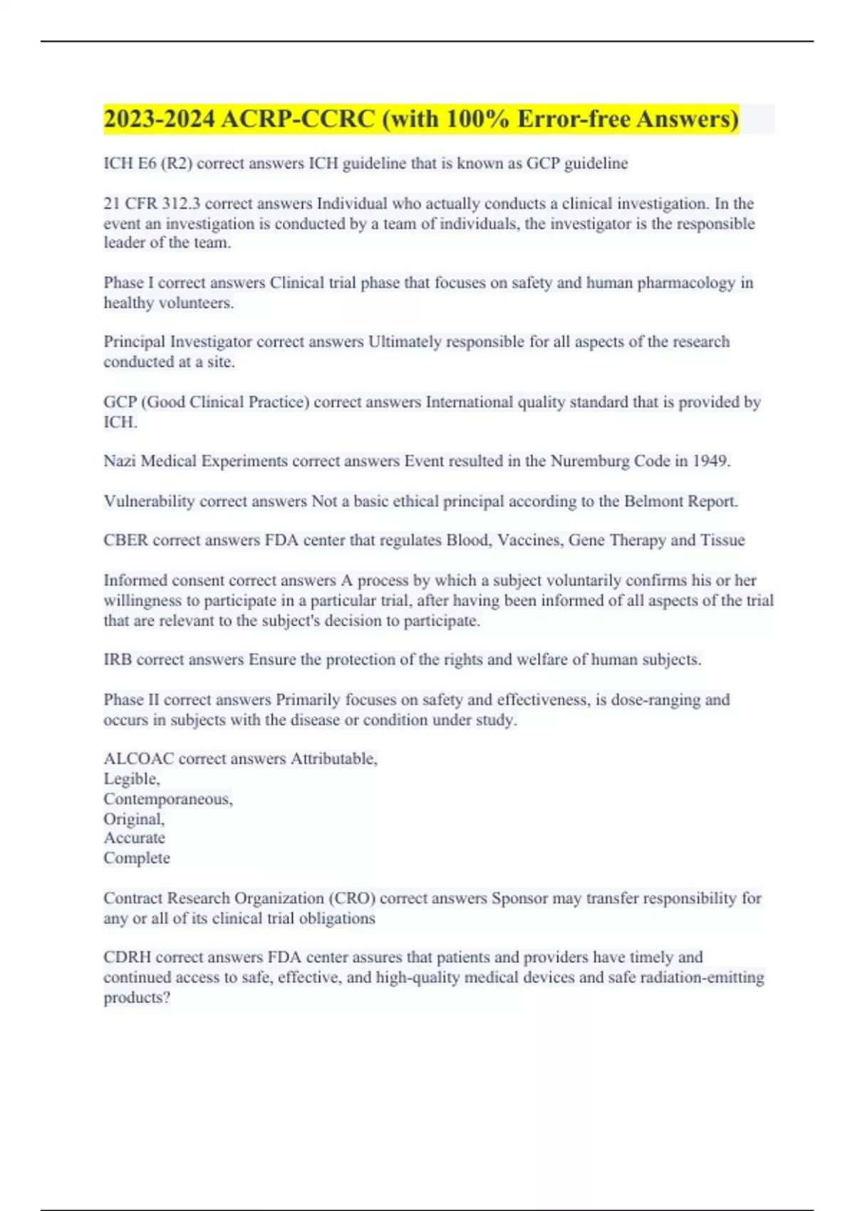 ACRP-CCRC (with 100% Error-free Answers) - 2023-2024 ACRP-CCRC - Stuvia US