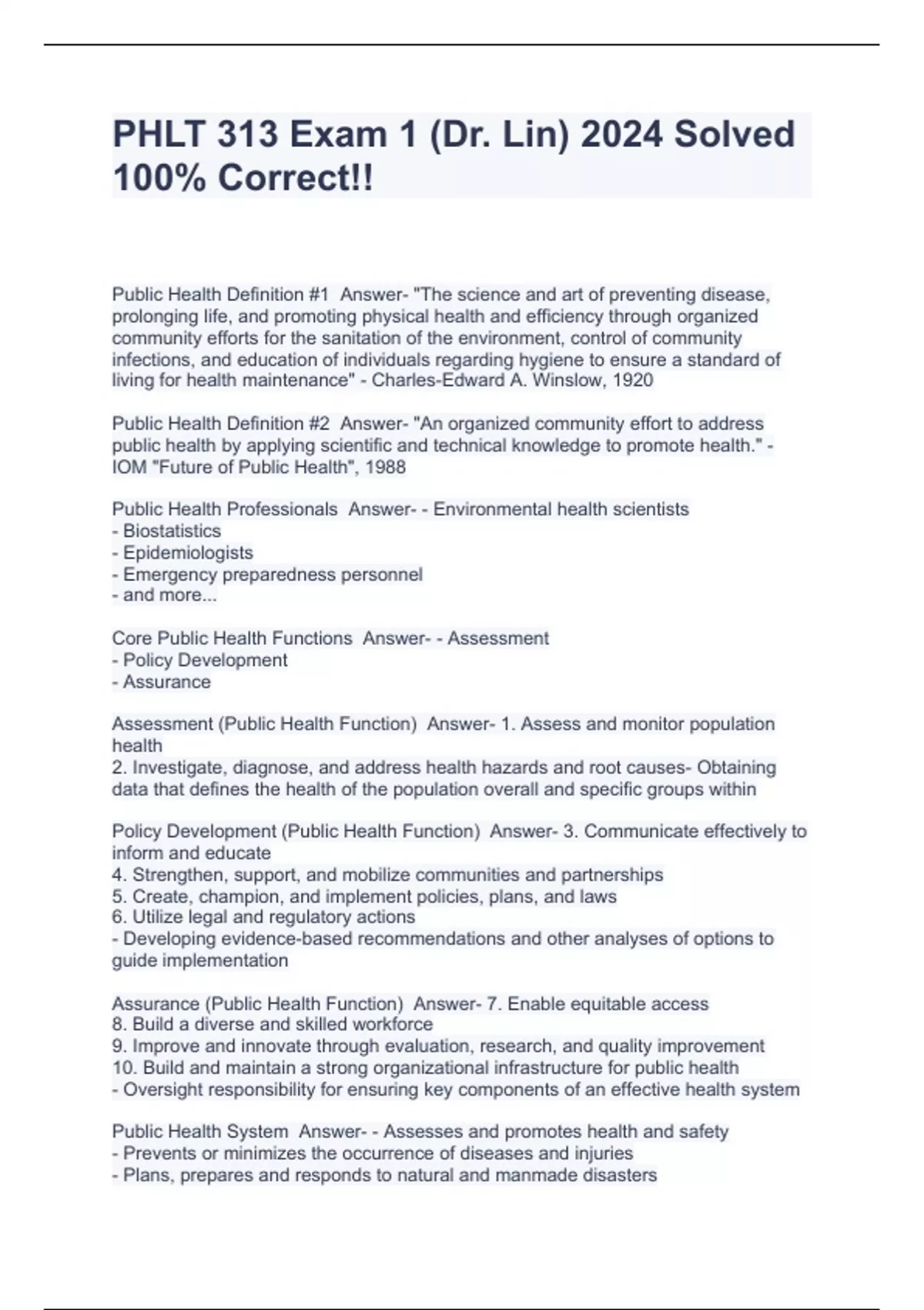 PHLT 313 Exam 1 (Dr. Lin) 2024 Solved 100% Correct!! - PHLT 313 - Stuvia US