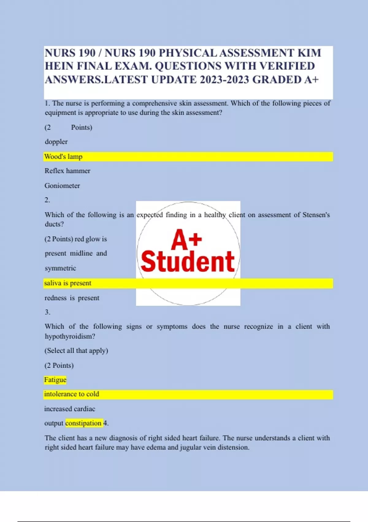NURS 190 / NURS 190 PHYSICAL ASSESSMENT KIM HEIN FINAL EXAM. QUESTIONS WITH VERIFIED ANSWERS ...