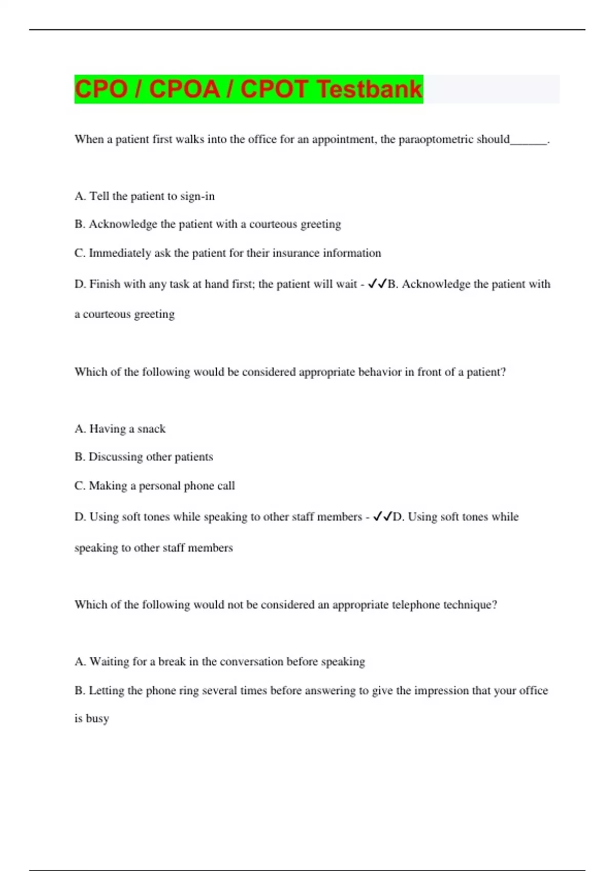 CPO / CPOA / CPOT Testbank | Questions with 100% Correct Answers ...