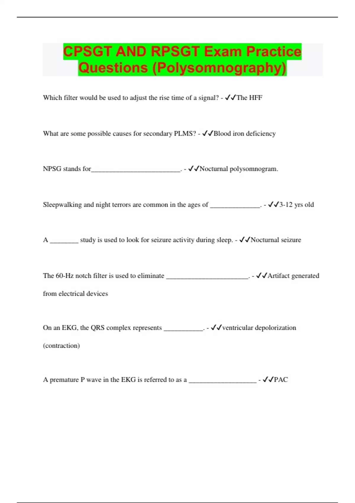 CPSGT AND RPSGT Exam Practice Questions (Polysomnography) | Questions ...