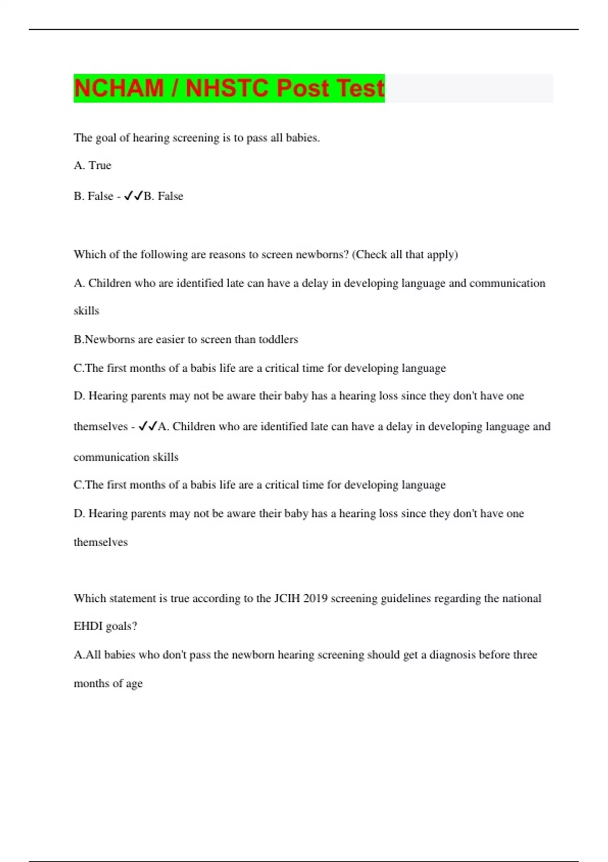 NCHAM / NHSTC Post Test | Questions with 100% Correct Answers | Latest ...