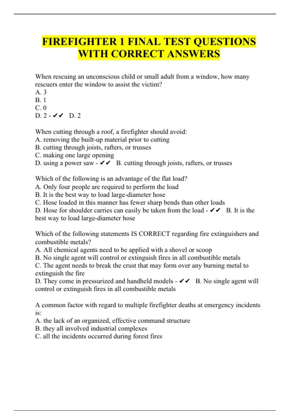 FIREFIGHTER 1 FINAL TEST QUESTIONS WITH CORRECT ANSWERS - Firefighter 1 ...
