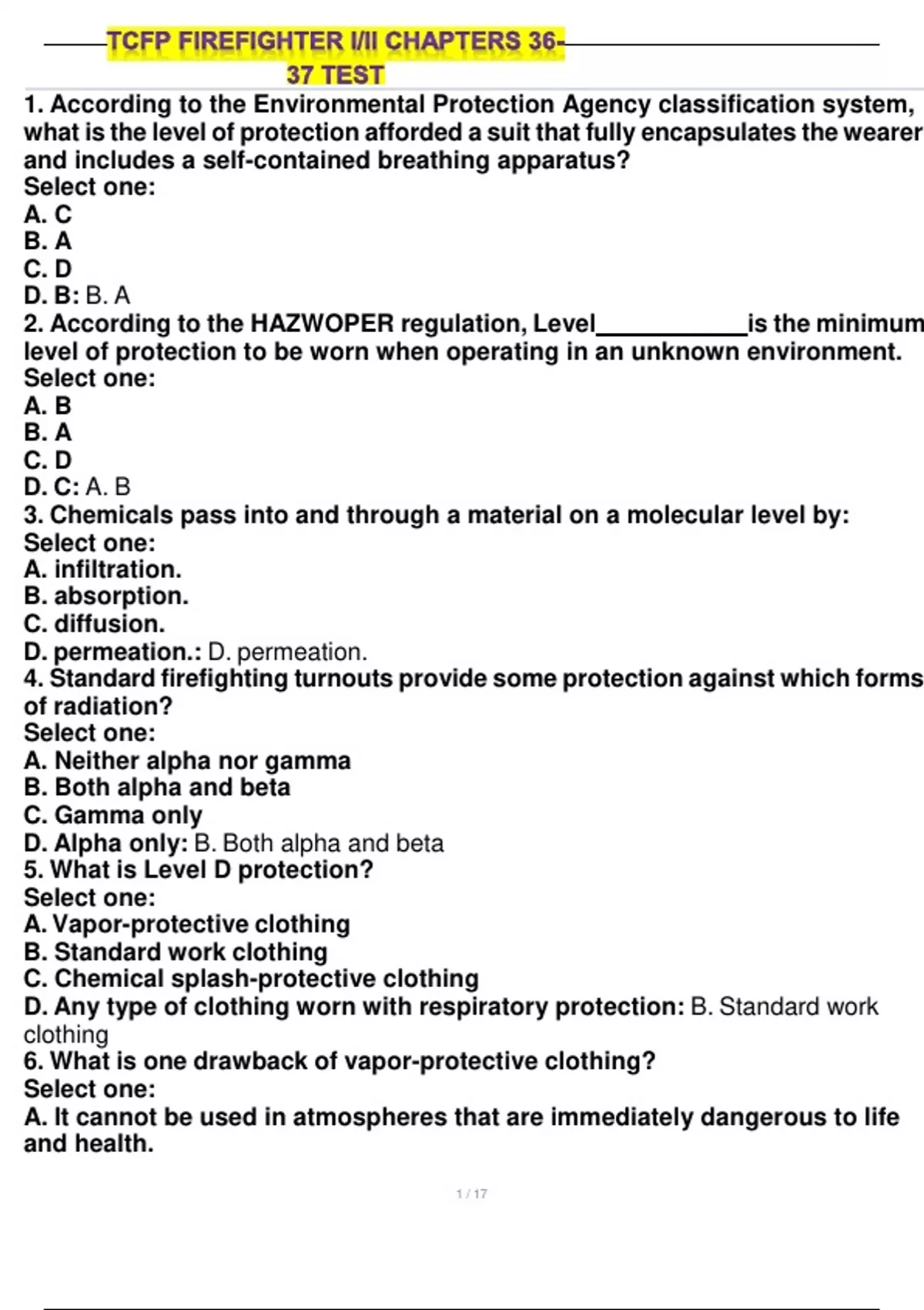 TCFP Firefighter I/II Chapters 36-37 Test 1. According to the ...