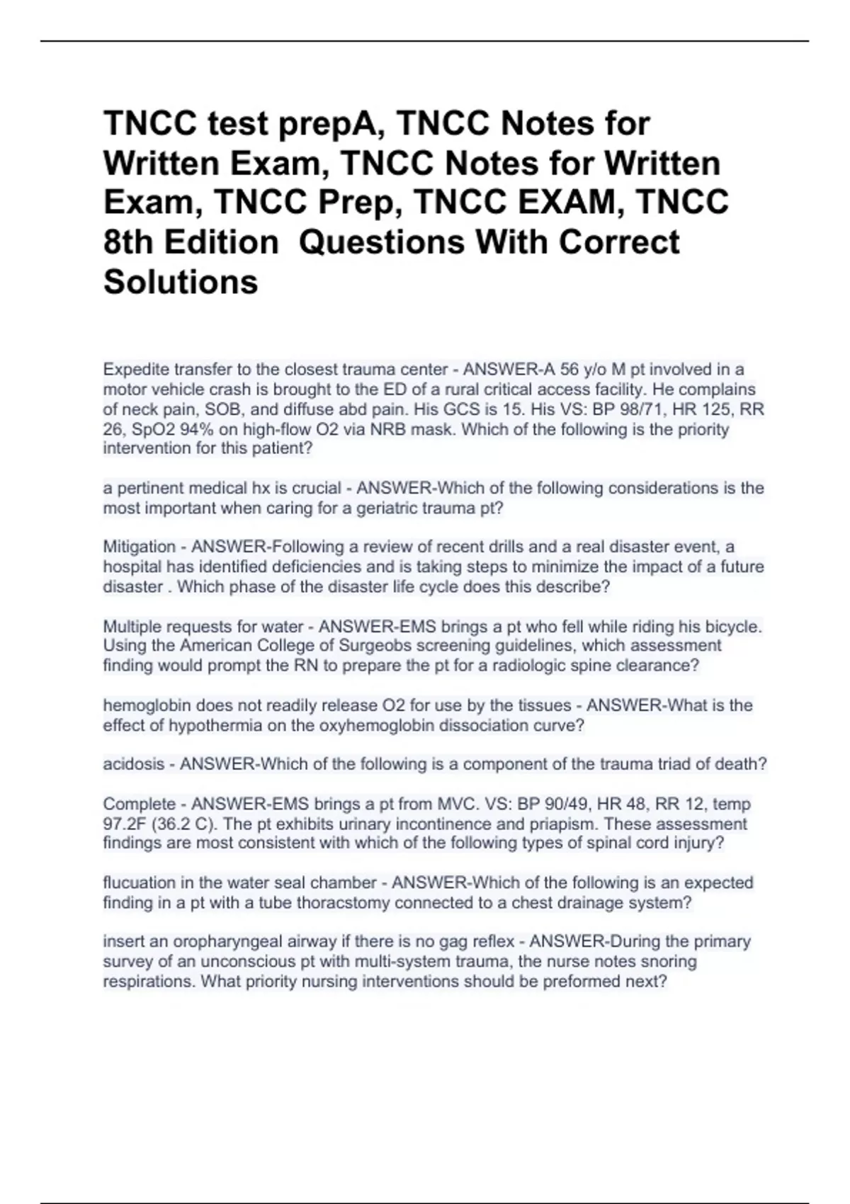 TNCC test prepA, TNCC Notes for Written Exam, TNCC Notes for Written ...