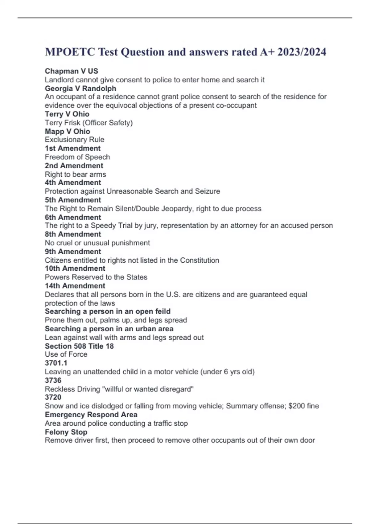 MPOETC Test Question and answers rated A+ 2023/2024 - MPOETC - Stuvia US