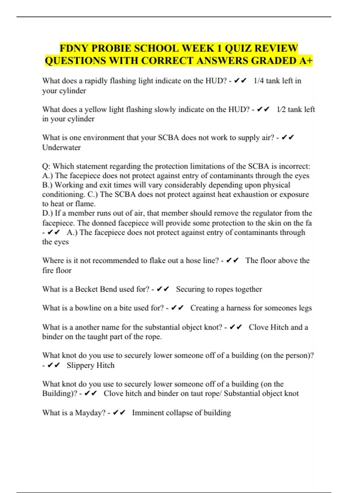 FDNY PROBIE SCHOOL WEEK 1 QUIZ REVIEW QUESTIONS WITH CORRECT ANSWERS ...