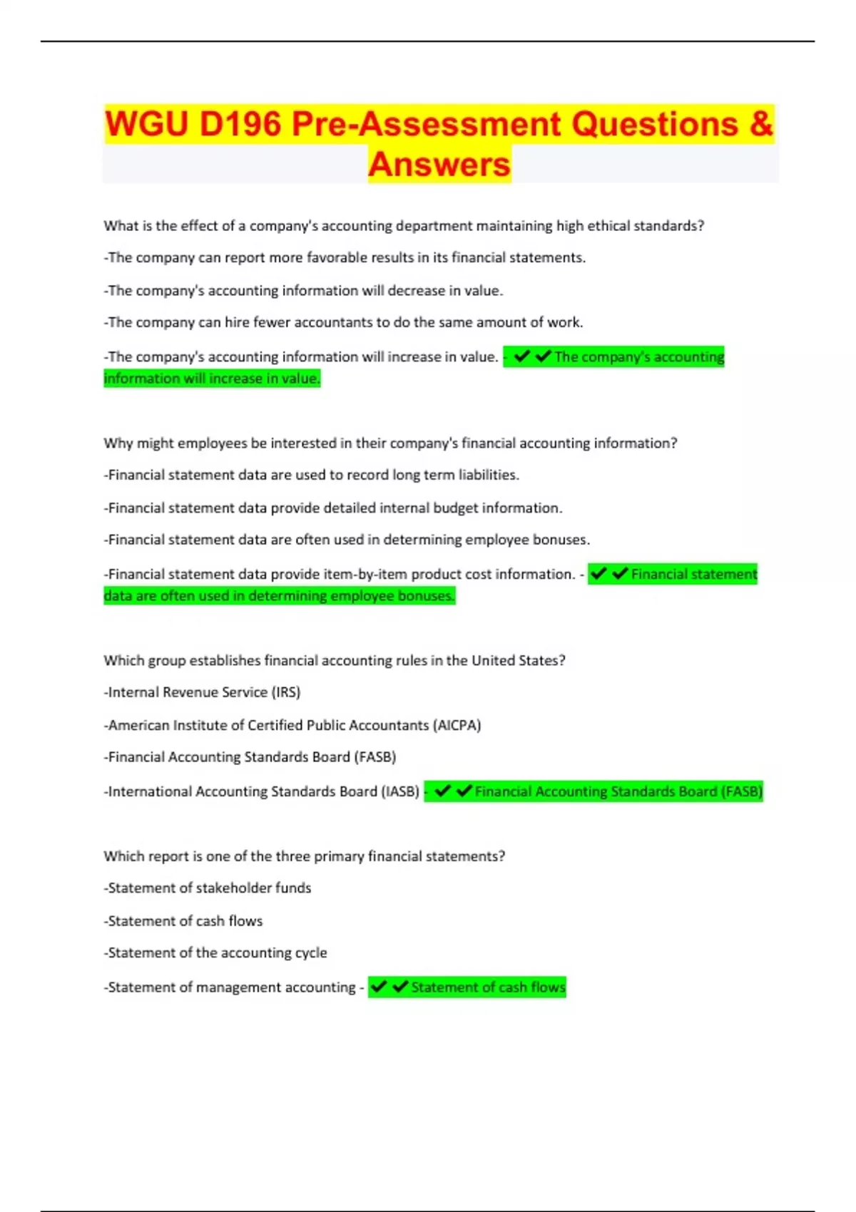 WGU D196 Pre-Assessment Questions & Answers/ (Top 2024/2025 EXAM REVIEW ...