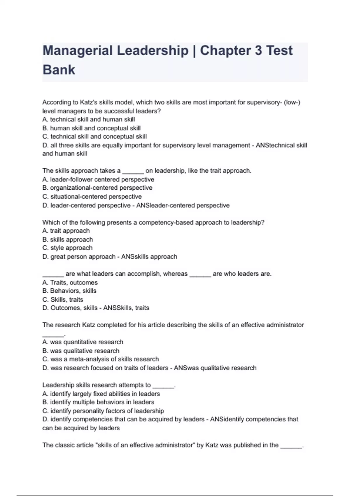 Test Bank EOR 2023/2024 Leadership Roles and Management Functions in ...