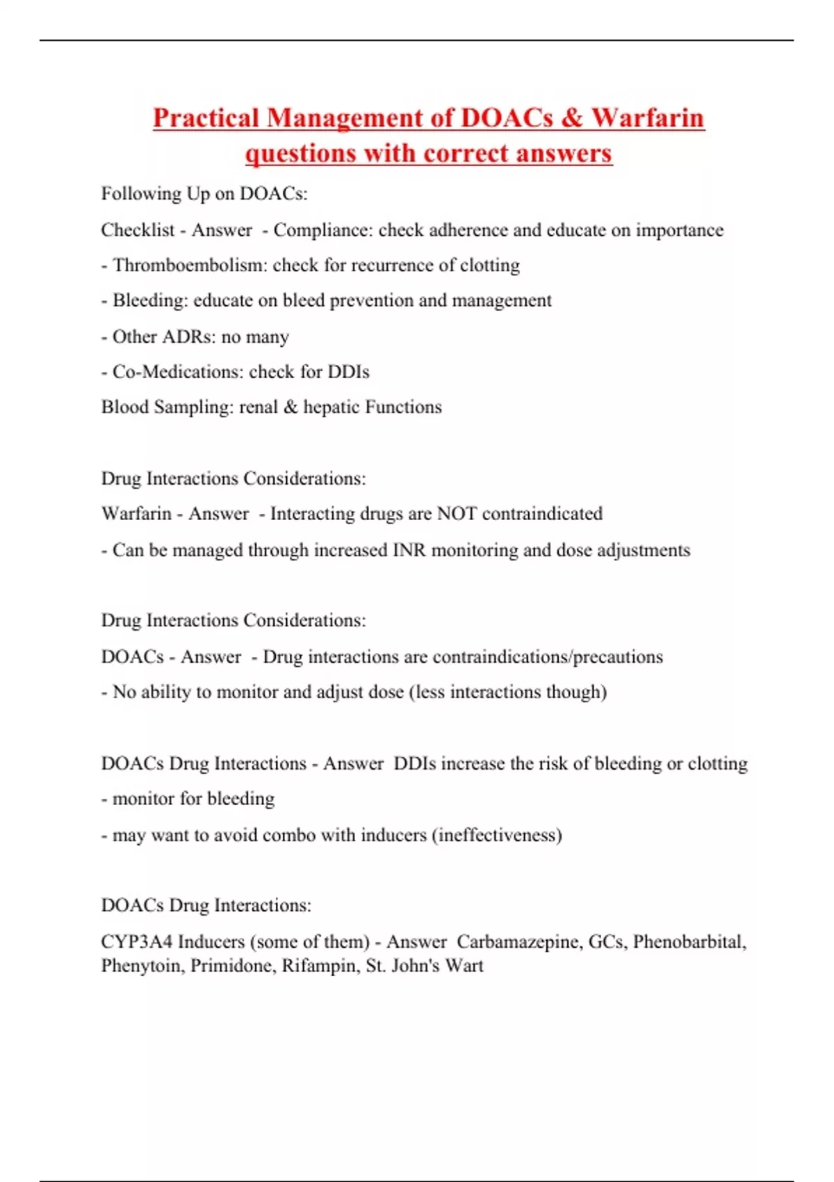 Practical Management of DOACs & Warfarin questions with correct answers ...