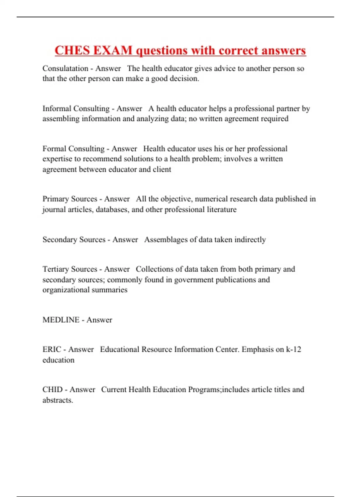 CHES EXAM questions with correct answers - CHES - Certified Health ...