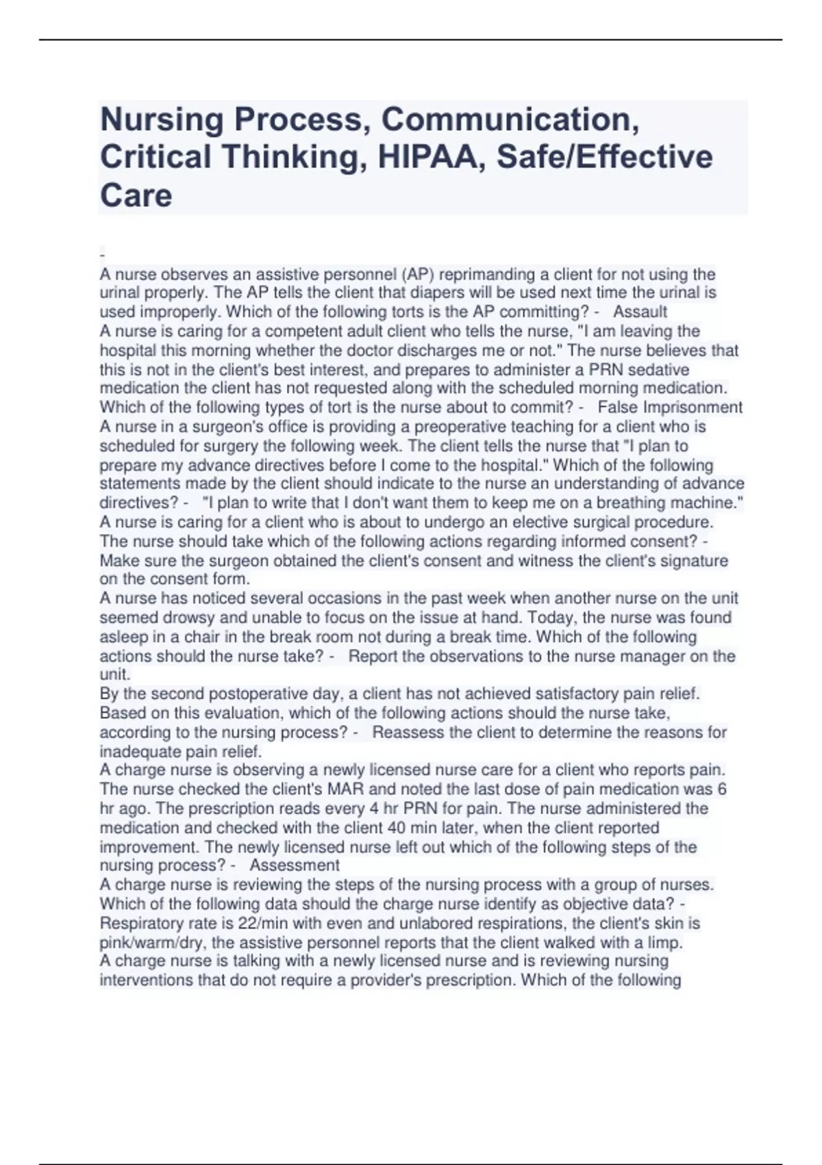 Nursing Process, Communication, Critical Thinking, HIPAA, Safe ...