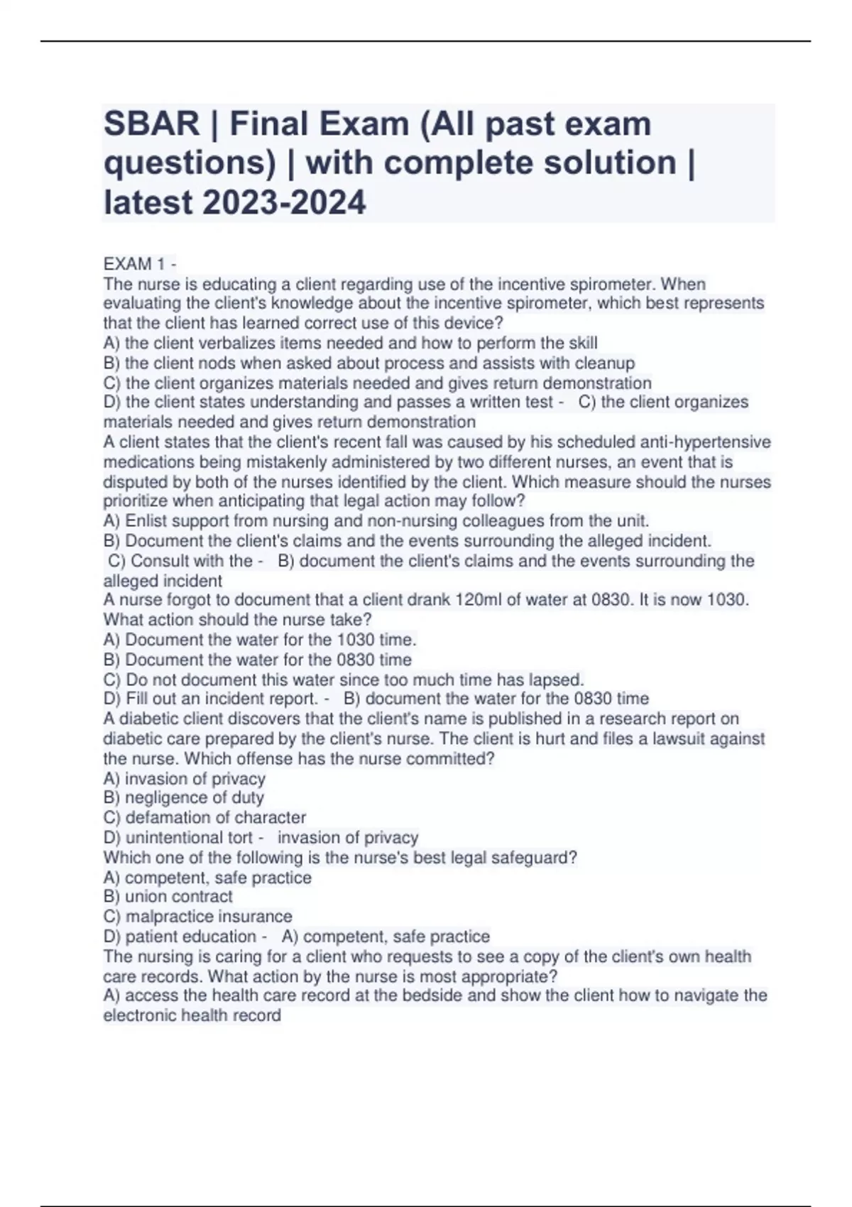 SBAR | Final Exam (All past exam questions) | with complete solution ...