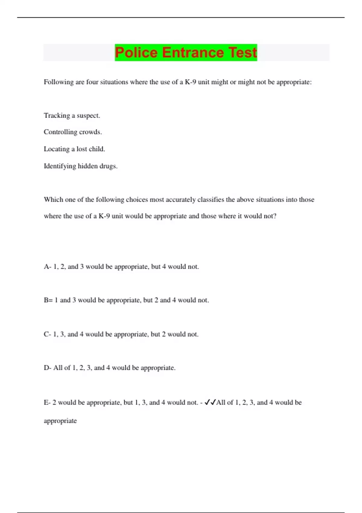 Police Entrance Test | Questions with 100% Correct Answers | Latest ...