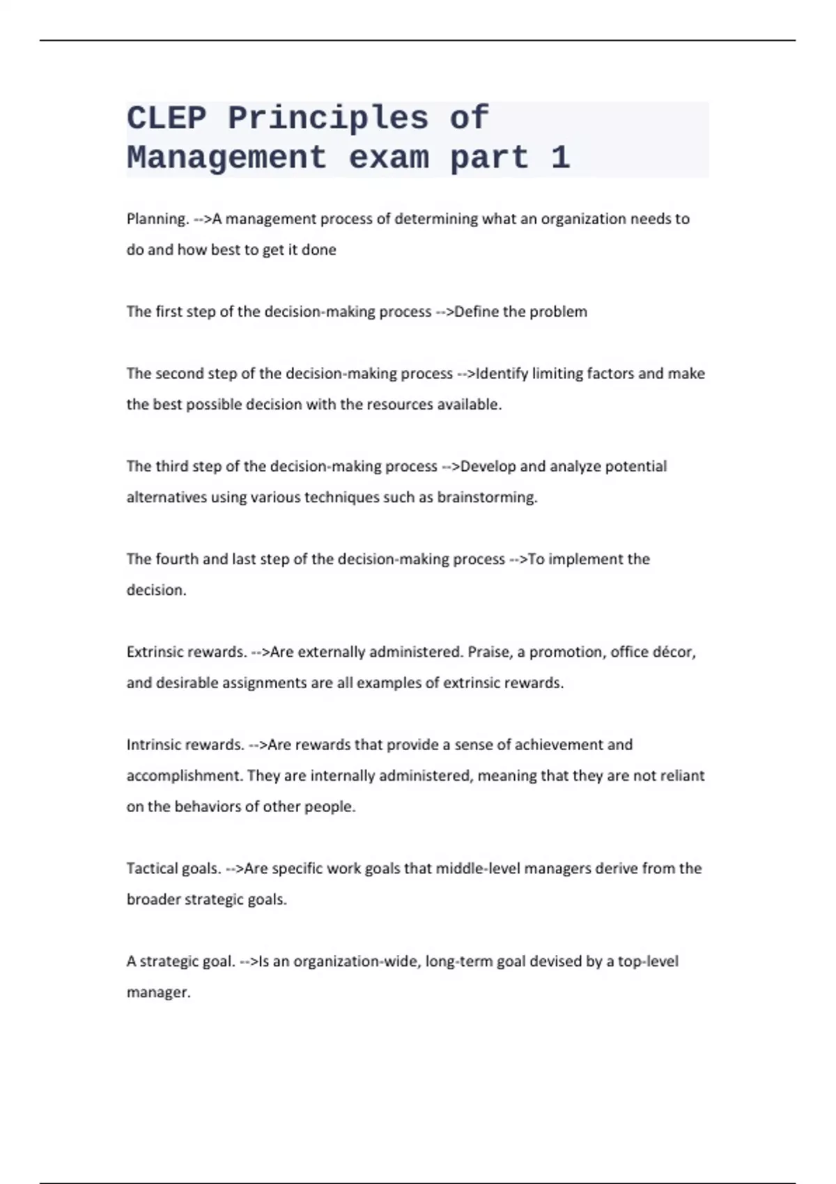 CLEP Principles of Management exam part 1 - Principles of Management ...