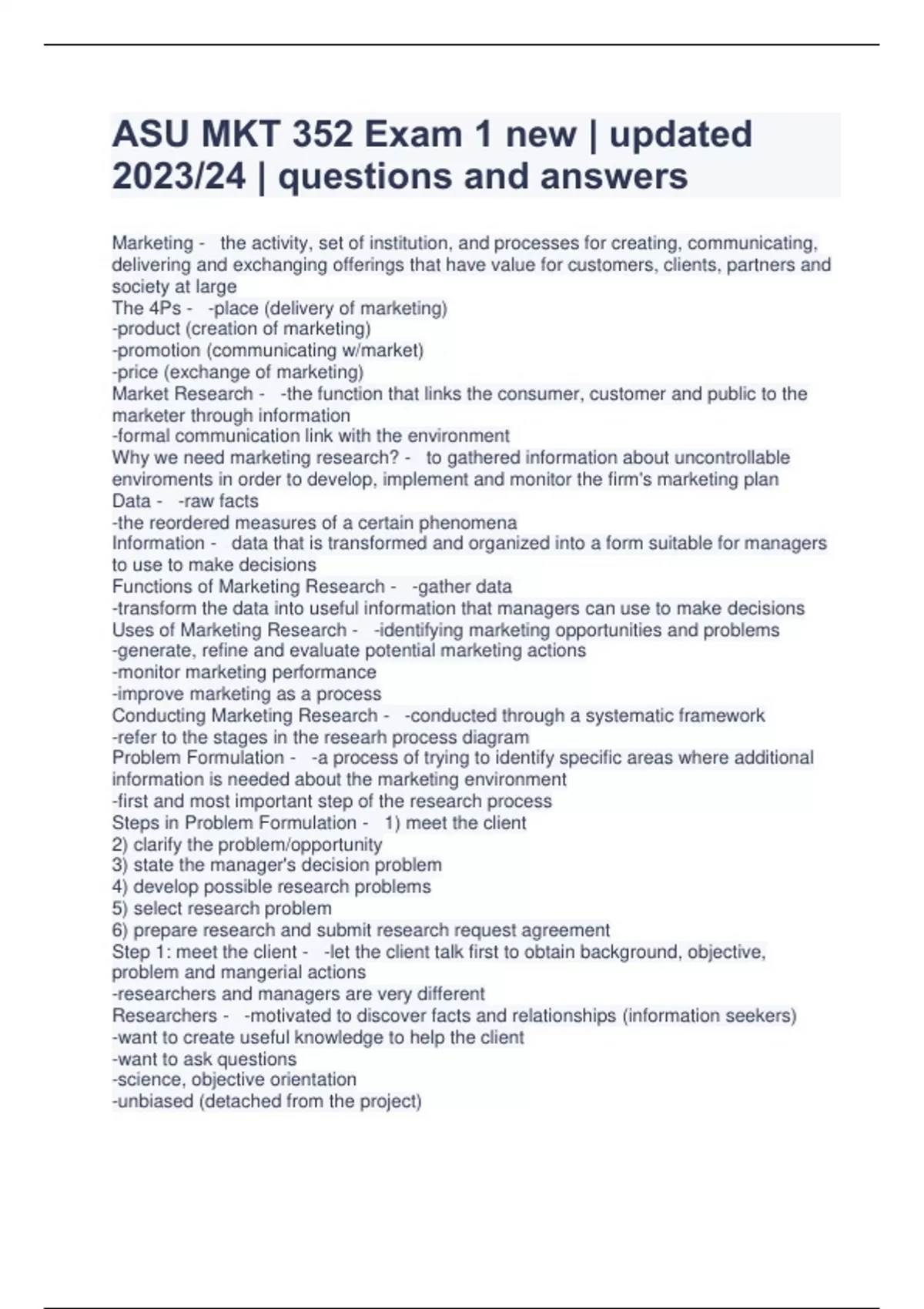 ASU MKT 352 Exam 1 new | updated 2023/24 | questions and answers - ASU MKT 352 - Stuvia US