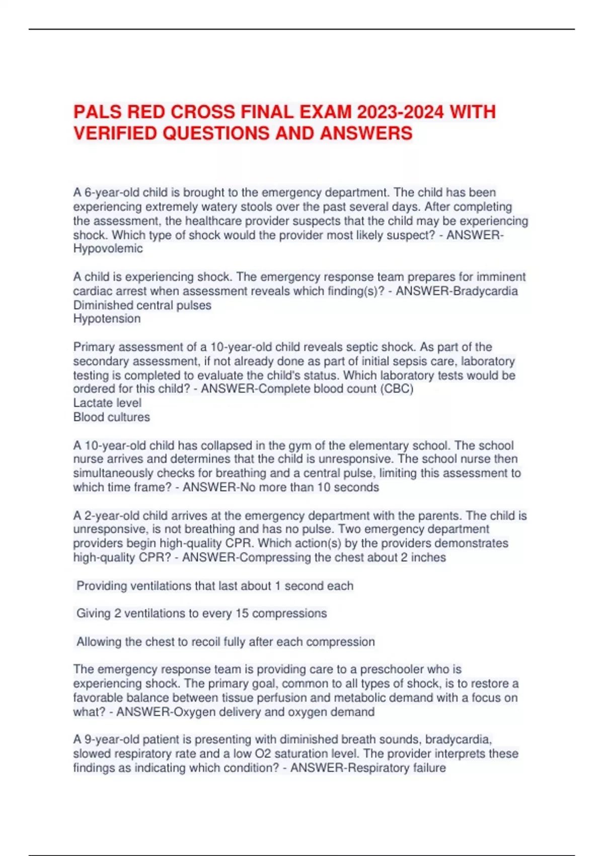 PALS RED CROSS FINAL EXAM WITH VERIFIED QUESTIONS AND ANSWERS - PALS ...