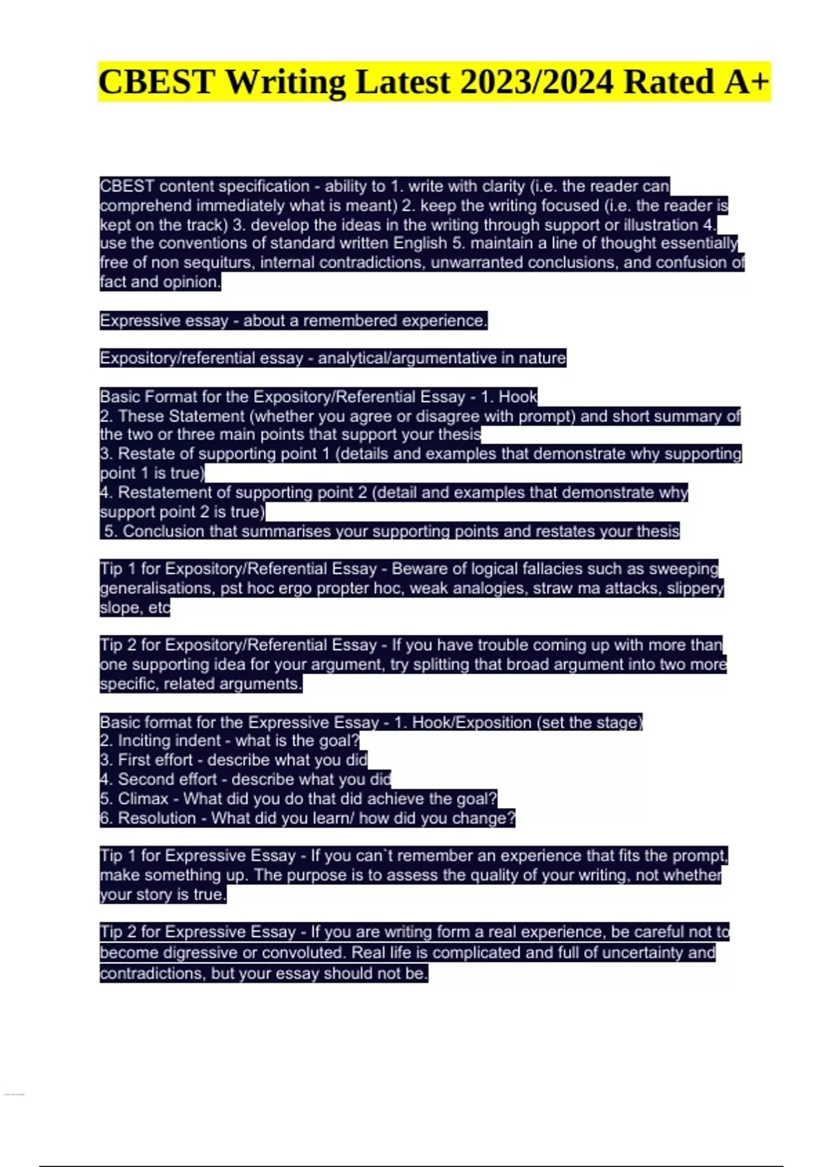 CBEST Writing Exam Practice Questions With Answers Latest 2023 2024