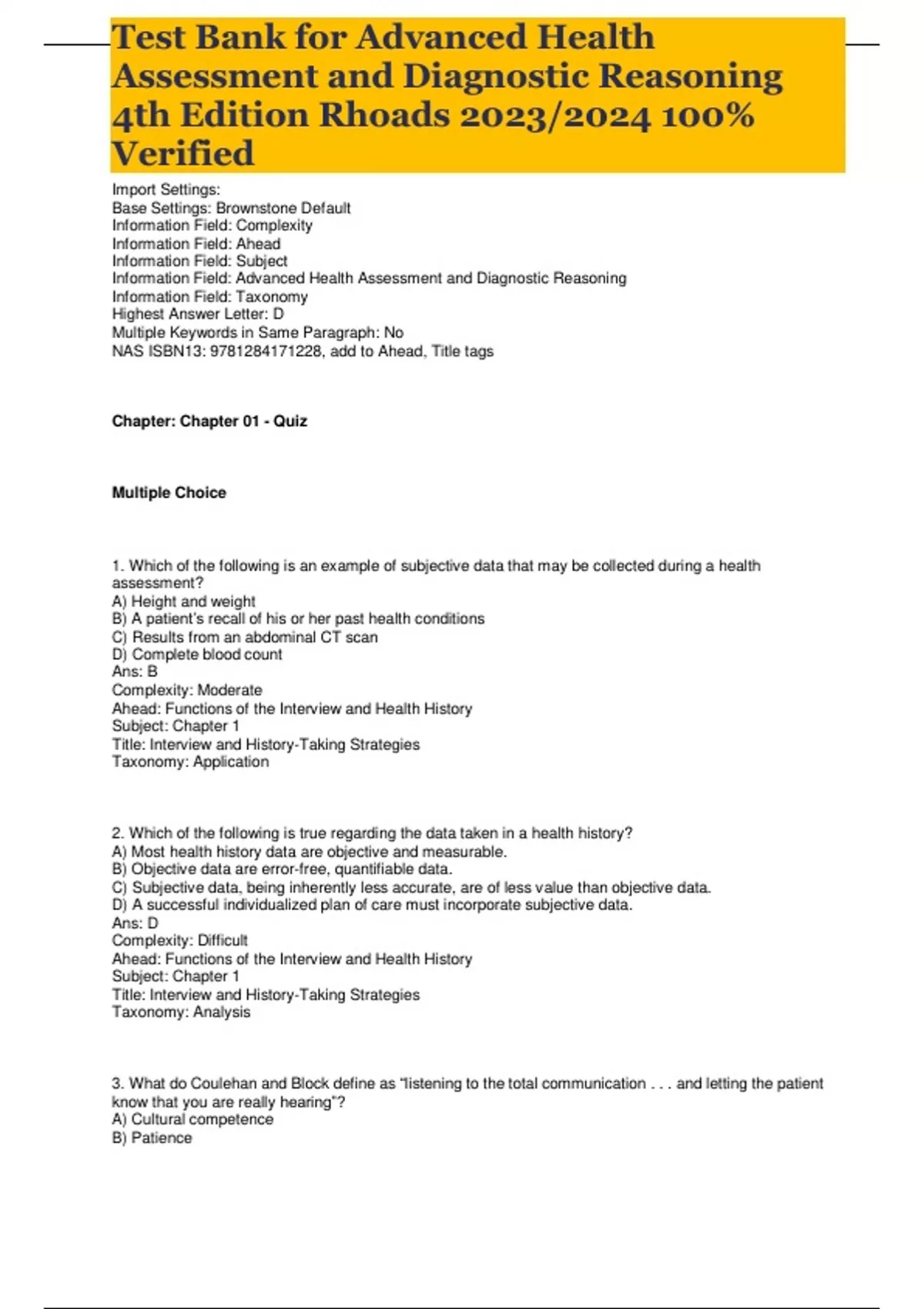 Test Bank for Advanced Health Assessment and Diagnostic Reasoning 4th ...